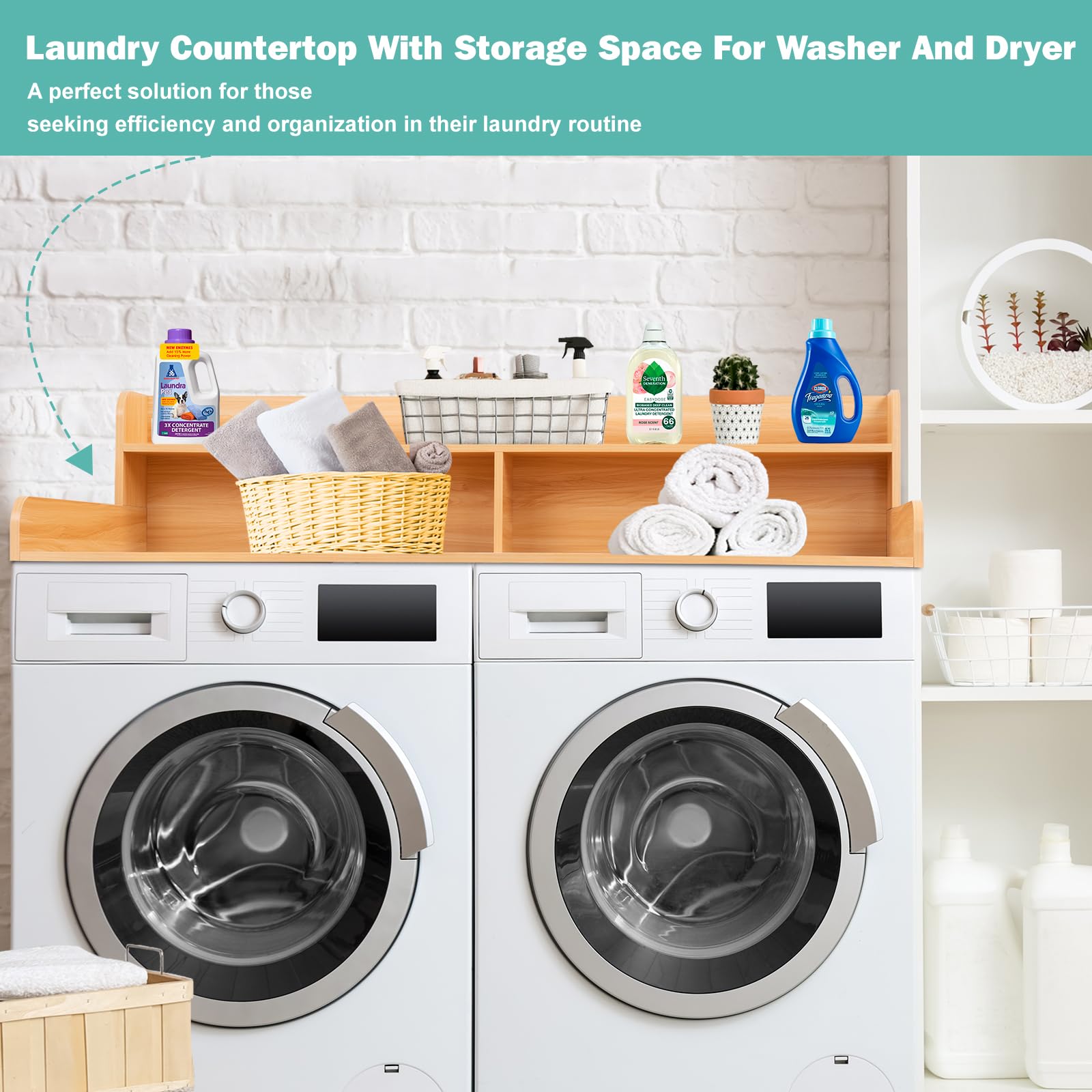 Yakucho Laundry Countertop with 2-Layer Shelves, Universal Front Load Washer and Dryer Countertop Kit with Storage Space, Solid Wood Countertop for Small Apartment Laundry Rooms Kitchens