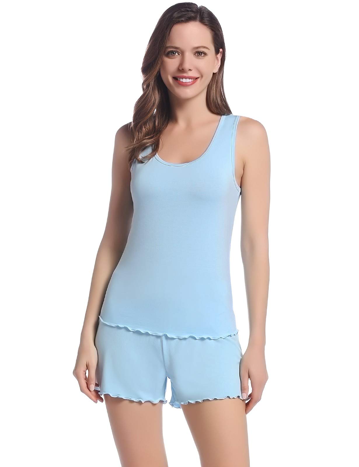 Joyaria Ladies Two Piece Sleeveless Tank Top Pajama/Pj/Sleep/Lounge Shorts Set(Light Blue,Large)