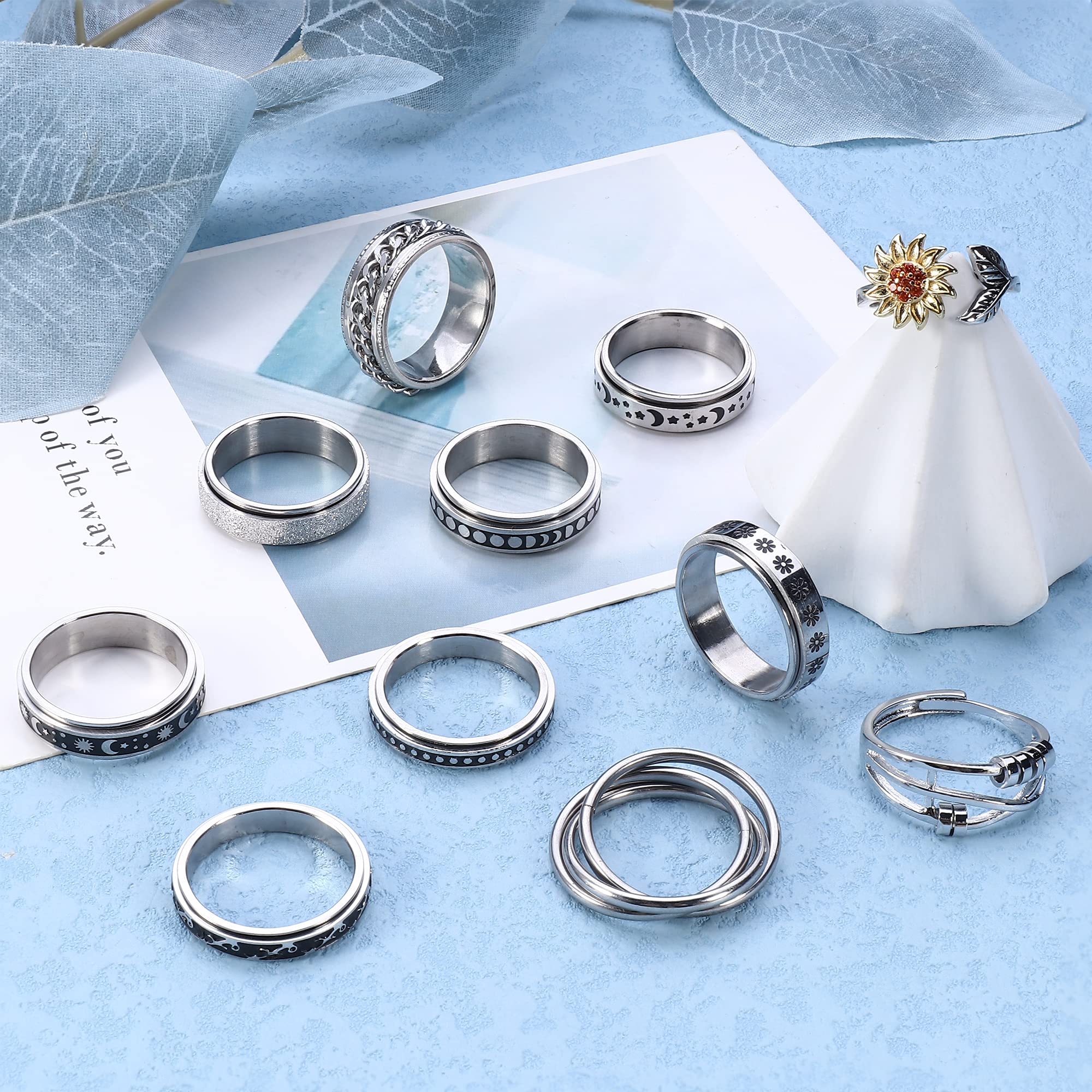 Magitaco 11Pcs Fidget Ring for Anxiety Stainless Steel Fidget Anxiety Rings for Women Men Moon Star Flower Spinner Rings for Anxiety Bead Stress Relief Spinning Stackable Ring Anxiety Ring