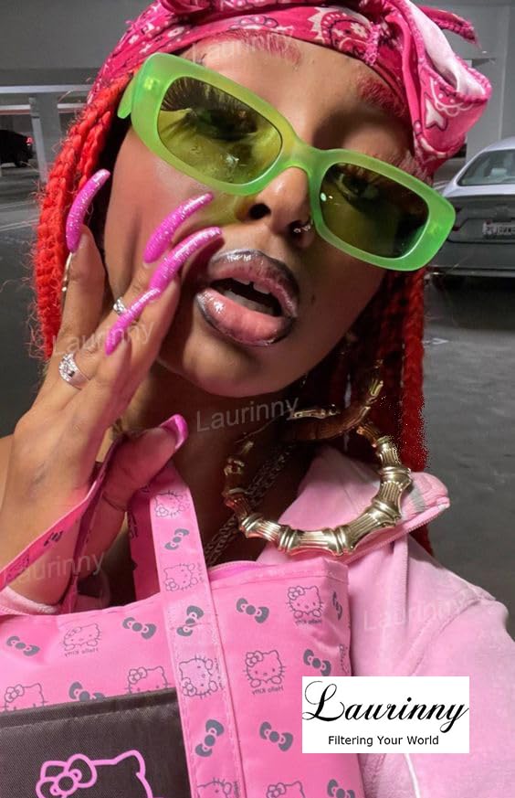 Laurinny Green Sunglasses for Women Retro 90s Vintage Fashion Narrow Rectangle Frame Lime Green Glasses