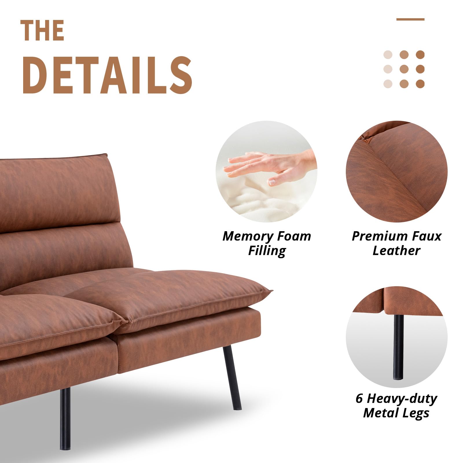 IULULU Futon Sofa Bed Leather Couch with Memory Foam, Modern Convertible Armless Sleeper Daybed for Studio, Apartment, Office, Small Space, Compact Living Room, Caramel