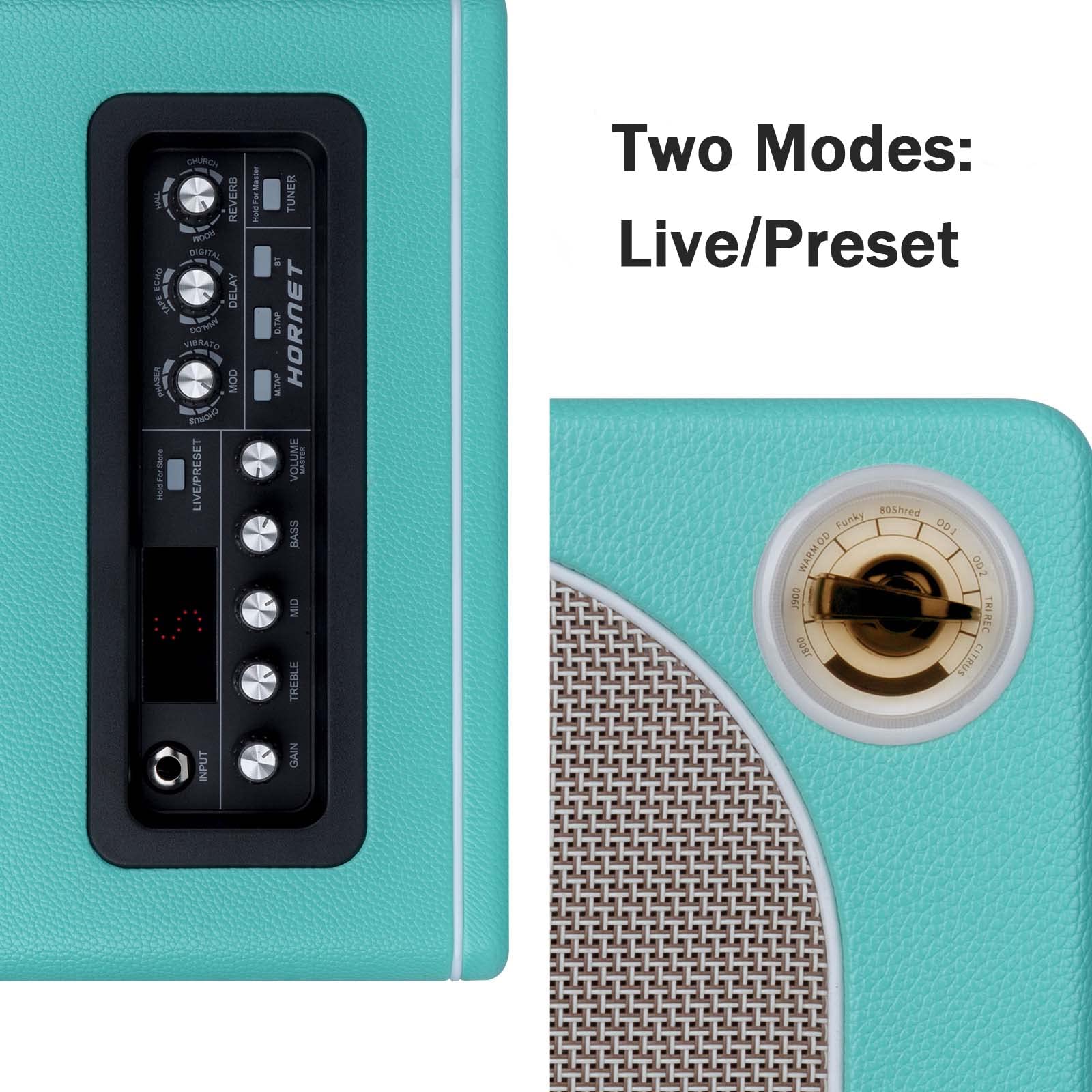 MOOER Guitar Amplifier Combo 15W, Practice Electric Guitar Amp with 9 Digital Amp Models for Electric Guitar and Bass - Hornet White and Green