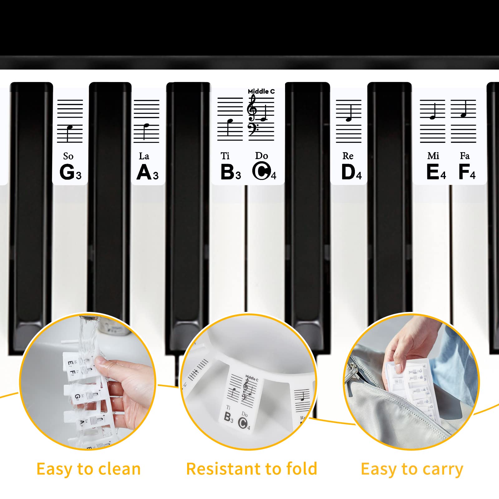 Piano Keyboard Stickers Alternative, DELLAN Silicone Removable Piano Keyboard Note Labels for Beginners and Kids, 88-Key Piano Accessories (Black)