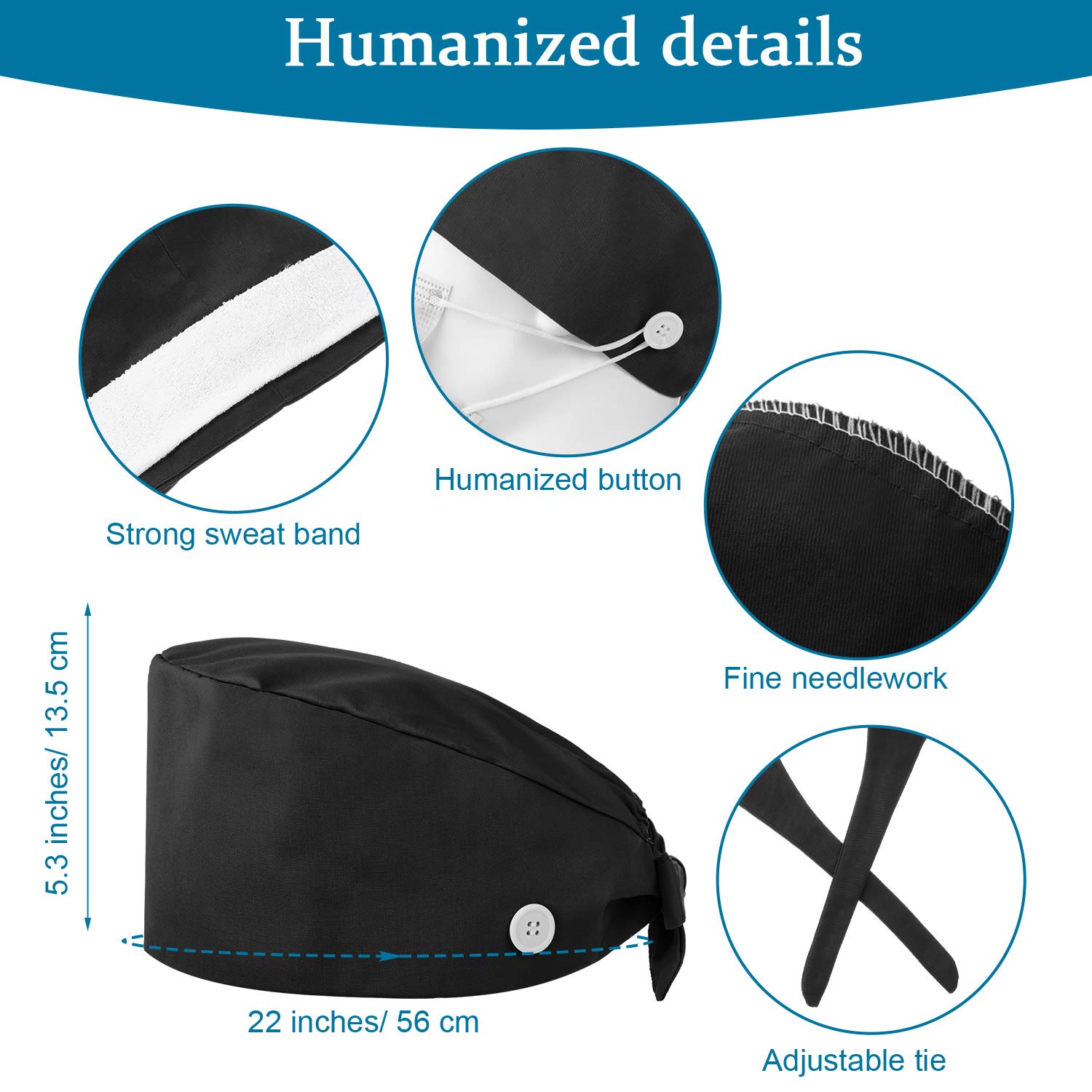 SATINIOR 4 Pieces Adjustable Bouffant Hats Button Sweatband Cap Tie Back Hats for Women Men (Navy Blue)
