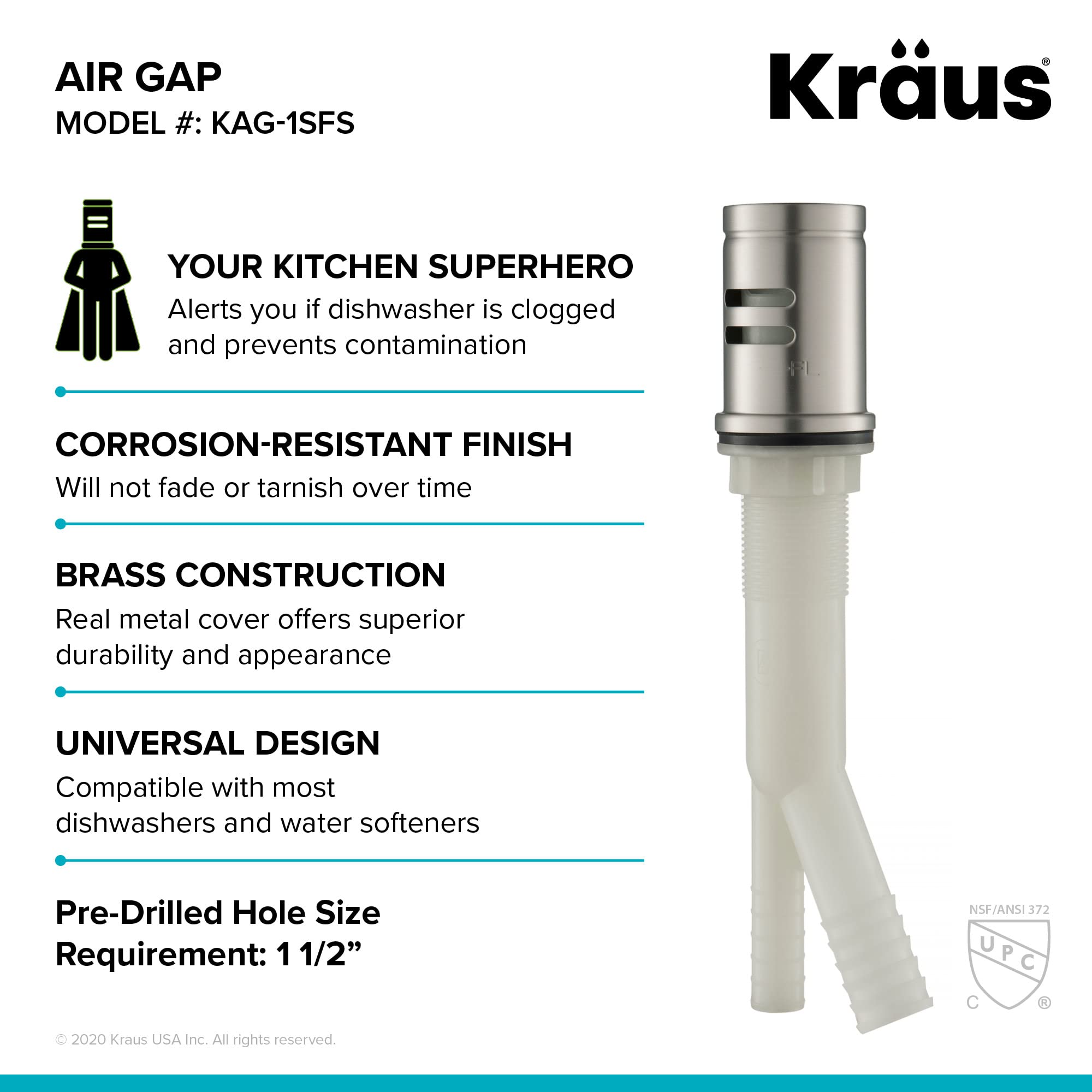 KRAUS Dishwasher Air Gap in Spot Free All-Brite⢠Stainless Steel, KAG-1SFS