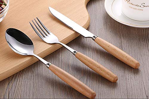 MBB 12 Pieces Stainless Steel Cutlery Set Short Wood Handle Flatware Set Knife Fork Spoon Service for 4