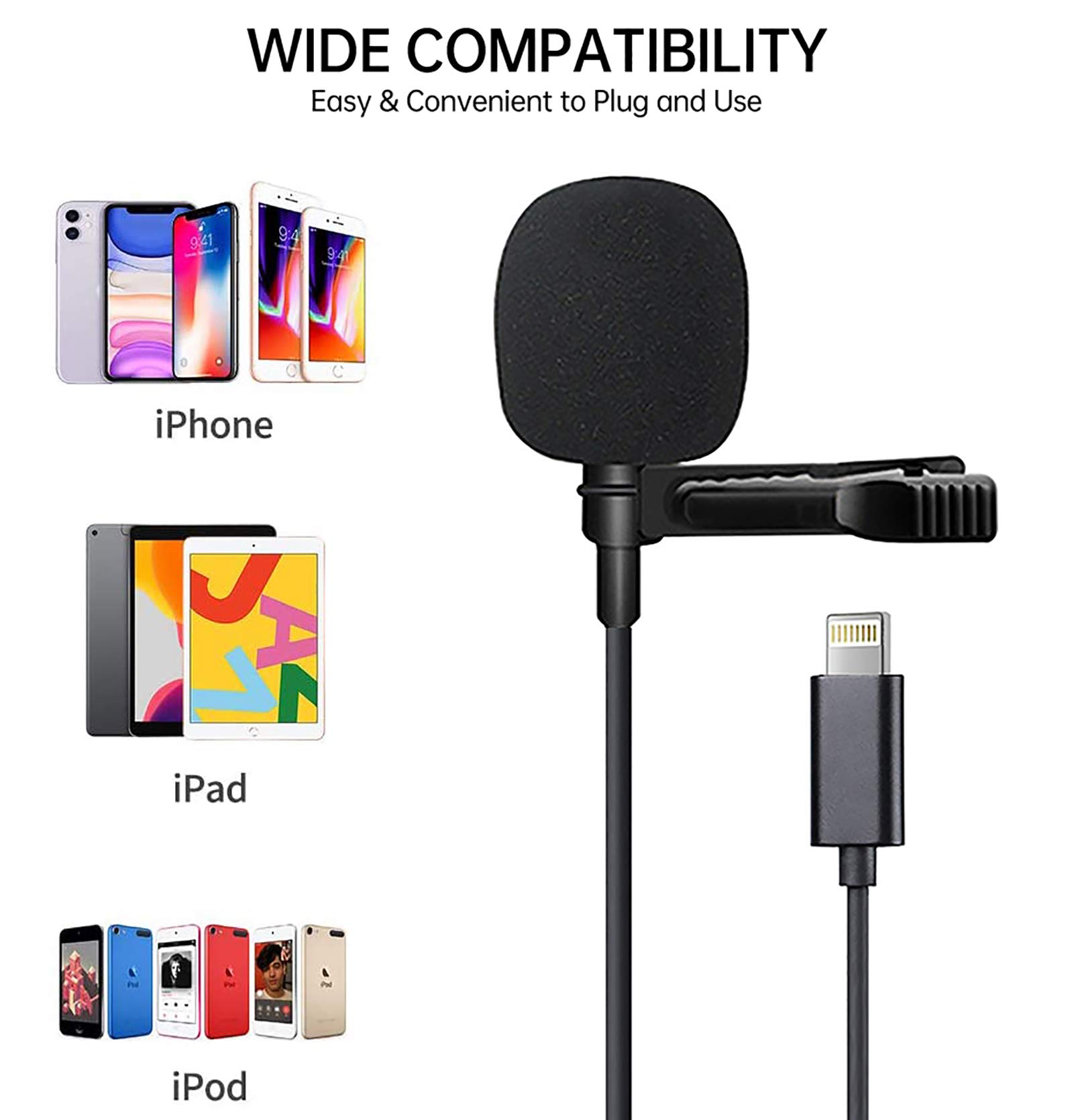 LituFoto Microphone Professional for iPhone/ipad Grade Lavalier Lapel Omnidirectional Phone Audio Video Recording Lavalier Condenser Microphone (iOS 3m)