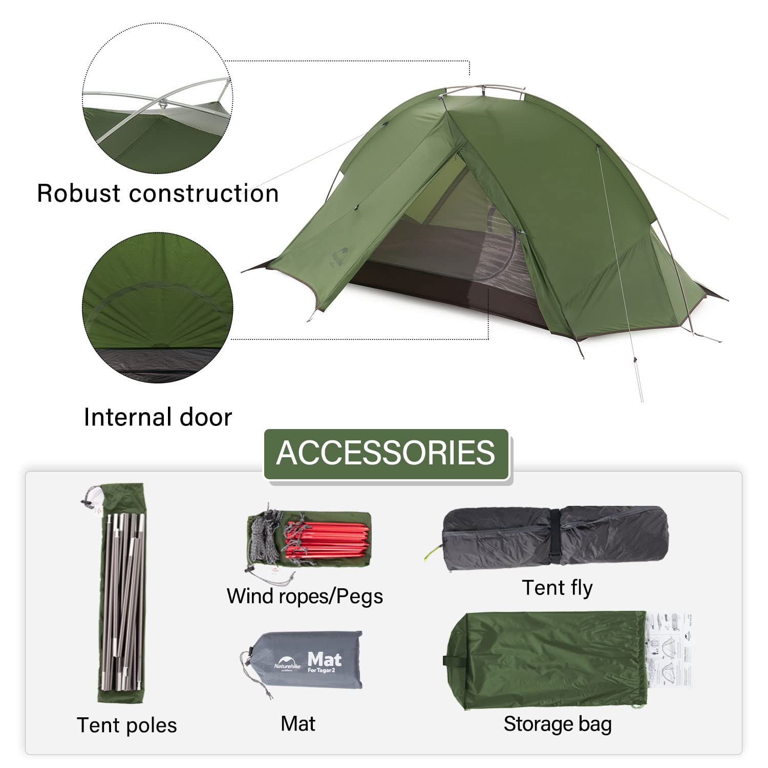 Naturehike Taga 2 Person Lightweight Backpacking Tent Outdoor Camping Tent (Forest Green)