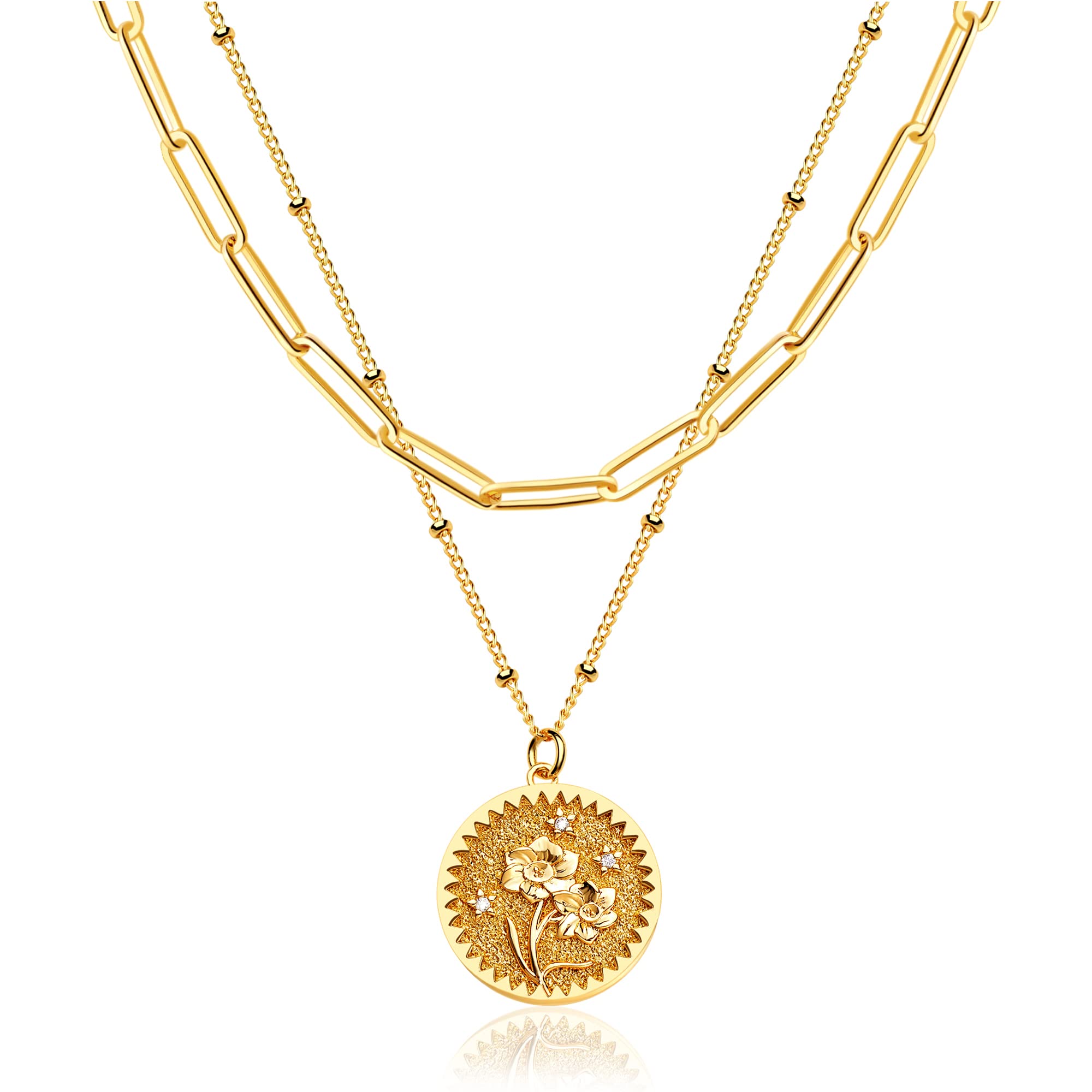 MEVECCO Gold Birth Flower Coin Necklace for Women Paperclip Chain Choker Layered Set Embossed Disc March Daffodil Pendent 18K Gold Plated Dainty Satellite Chain Birthday Jewelry for Her