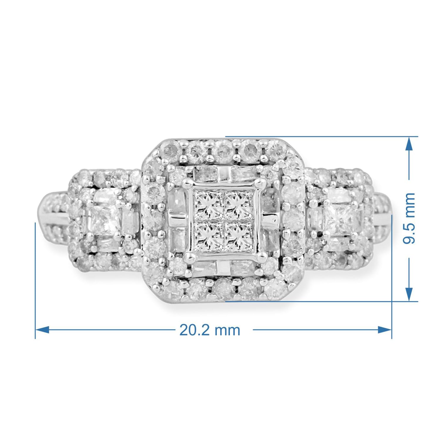 Jewelili 10K White Gold 1 Cttw Princess Cut Centre with Round and Baguette shape Natural White Diamond Engagement Ring, Size 8