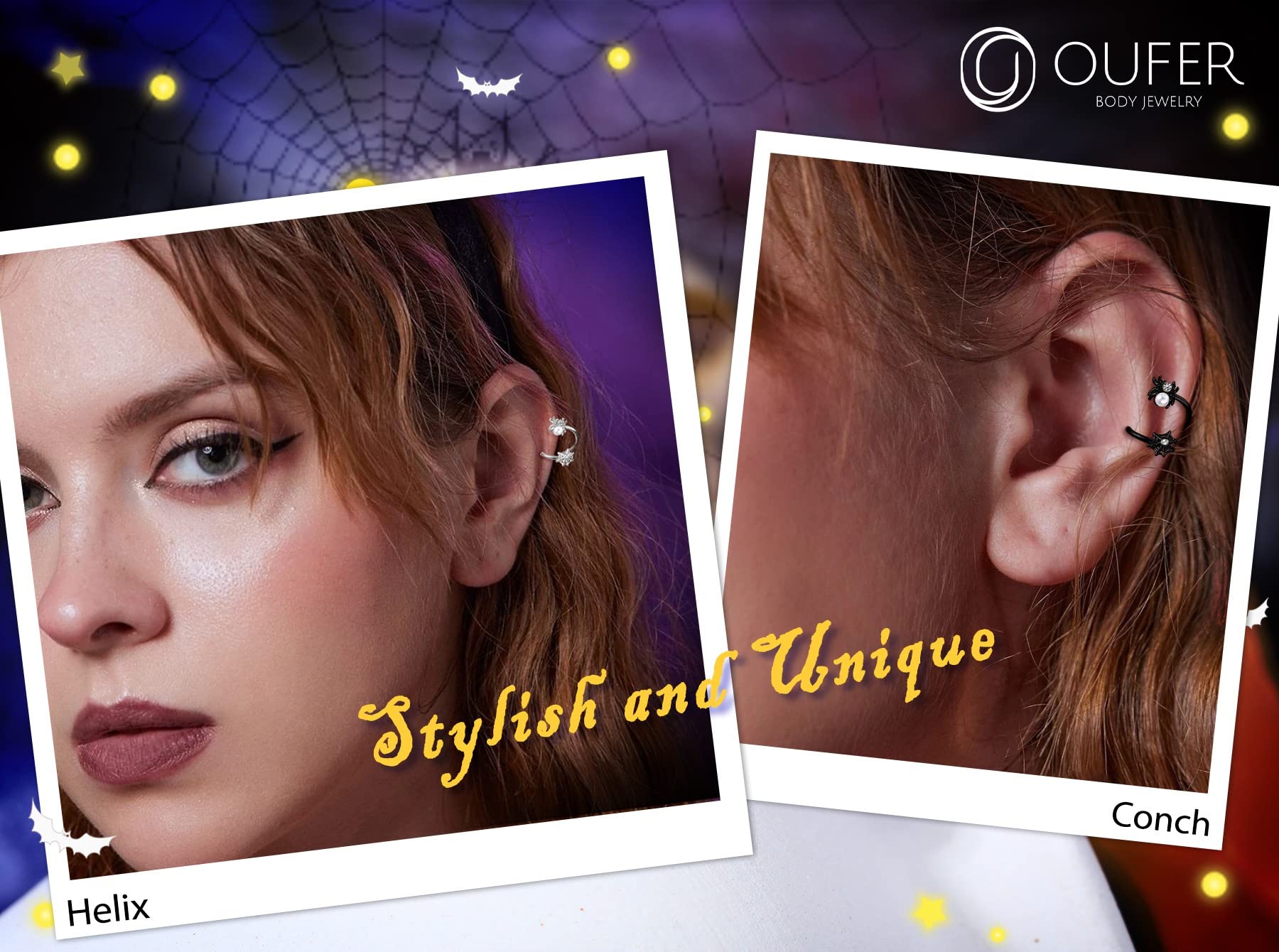 OUFER Twist Helix Earrings, 316L Stainless Steel Spider & Cobweb Elements Helix Piercing Jewelry, 16G Twist Lip Labret type Upper Lobe Earrings-Gold