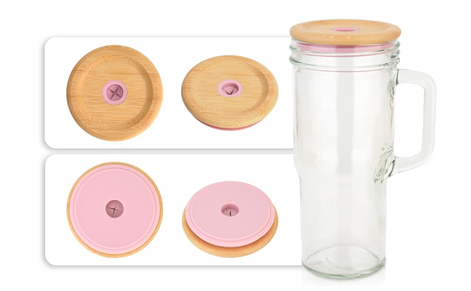 Luxfuel 24oz Wide Mouth Mason Jar Drinking Glasses Tumbler with Handle and Bamboo Lids,Reusable Smoothie Cup for Iced Coffee,Water,Juice - 2 Pack
