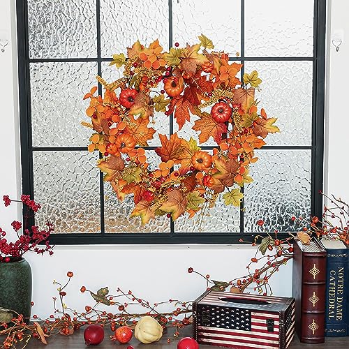 Yawwind 20 inch Fall Wreath Artificial Autumn Wreath with Orange Maple Leaves Pumpkin and Berry Harvest Wreath Thanksgiving Farmhouse Fall Wreaths for Front Door