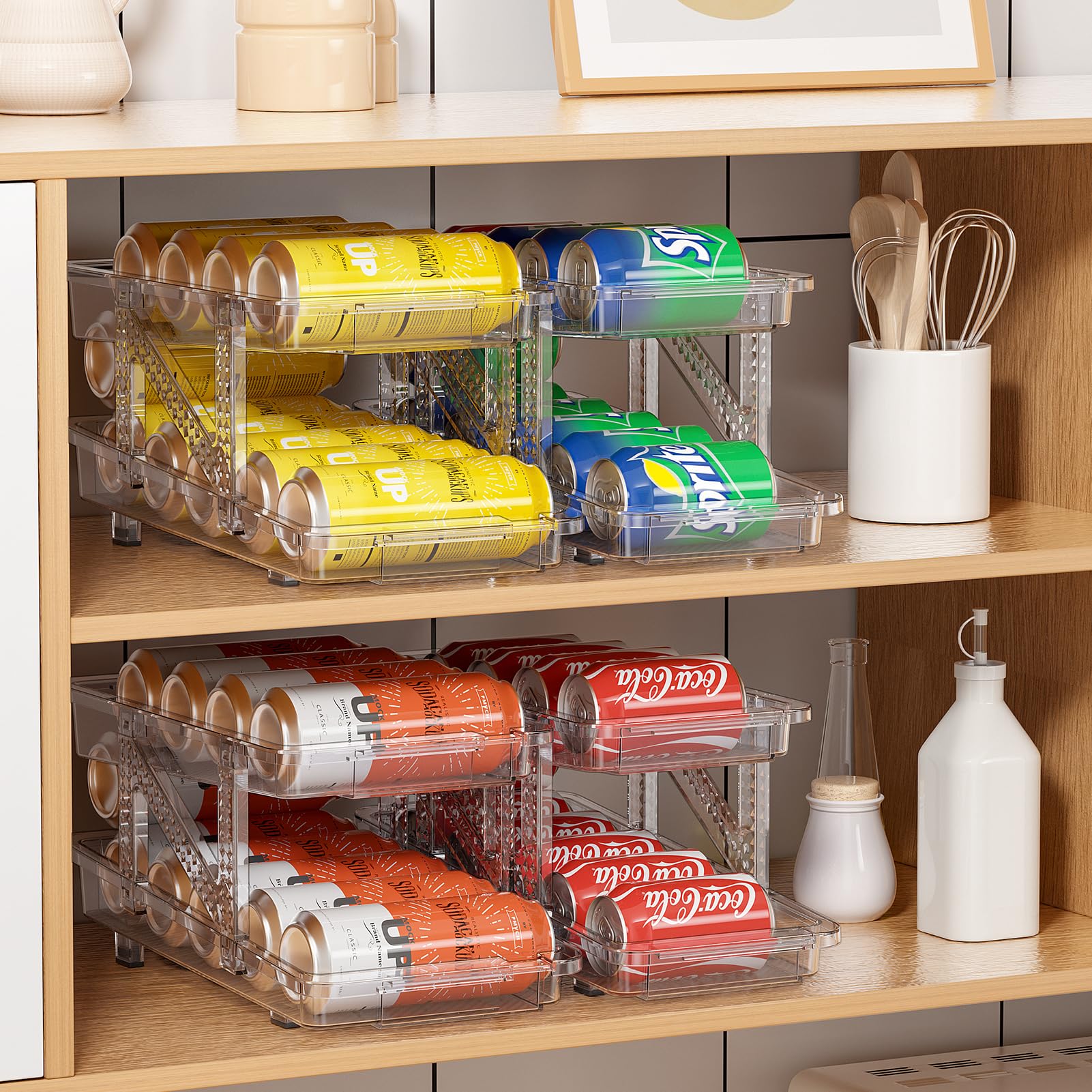 LAMU Soda Can Dispenser for Refrigerator, Set of 2 Adjustable Width Soda Can Organizer 2-Layer Beverage Pop Can Holder Drink Organizer for Fridge, Pantry, Cabinet, Countertop, Clear