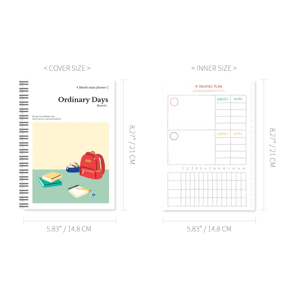 Monolike Ordinary days 4 Month Study Planner, School bag - Academic Planner, Weekly & Monthly Planner, Study plan