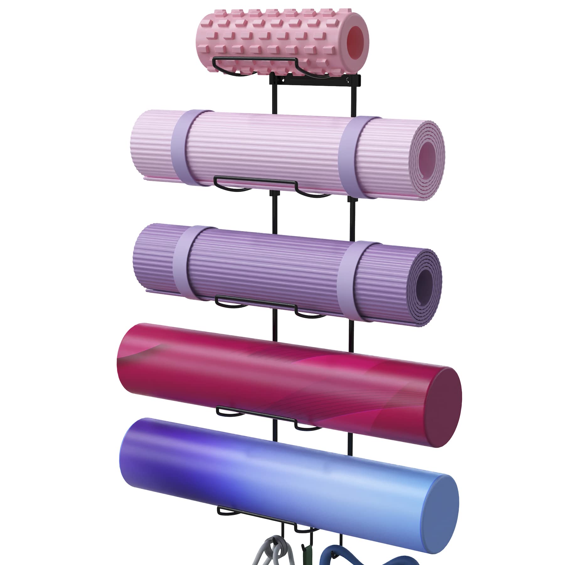 Meykwod Yoga Mat Holder Wall Mount, 5 Sectional Yoga Mat Storage Rack, with 3 Hooks for Hanging Yoga Strap, Resistance Bands