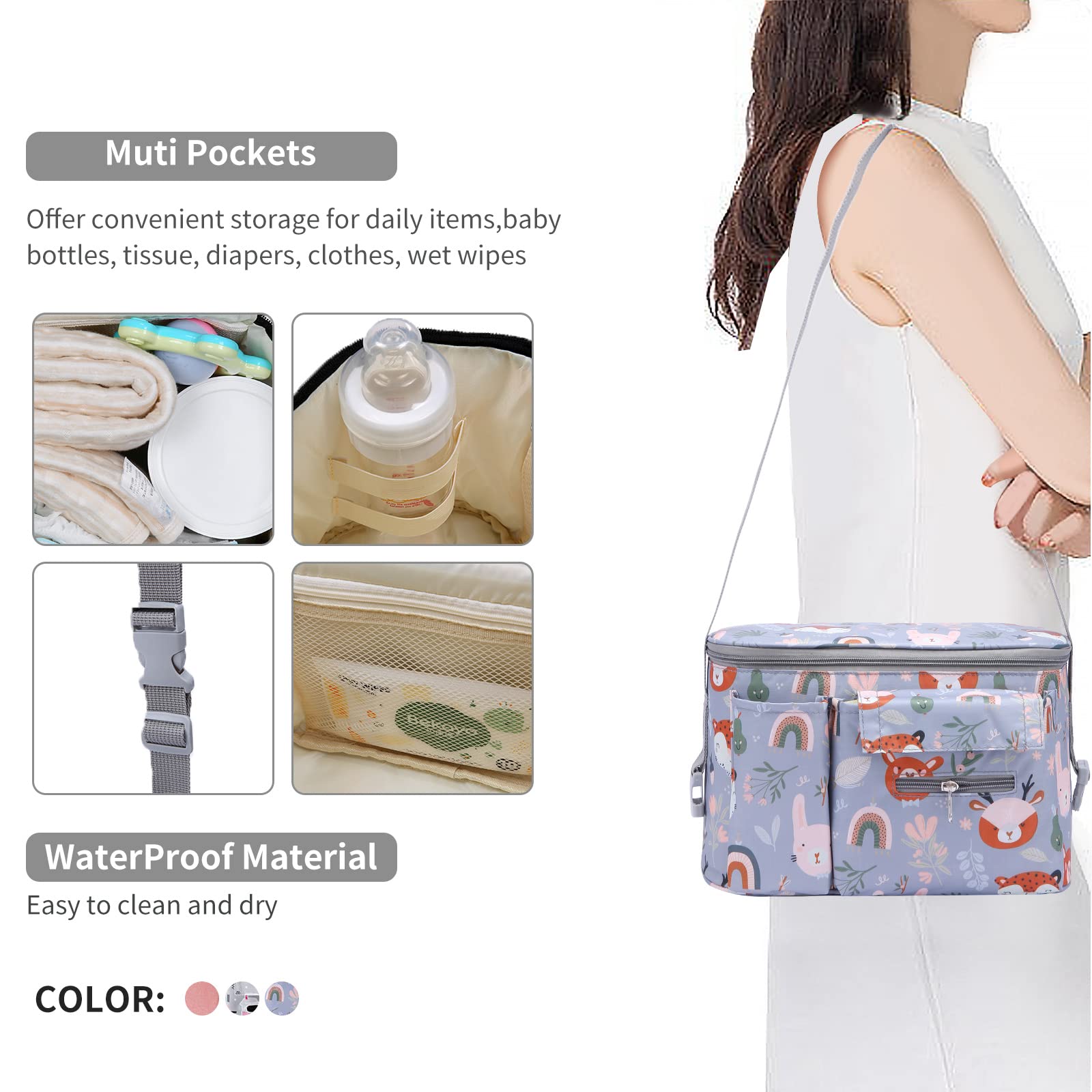 TRENDPLAY Diaper Bag Stroller Bag Diaper Organizer Caddy for Diapers, Can Be As Shoulder Bag, Adjustable Stroller Straps,Universal Fit Most Strollers, Animal