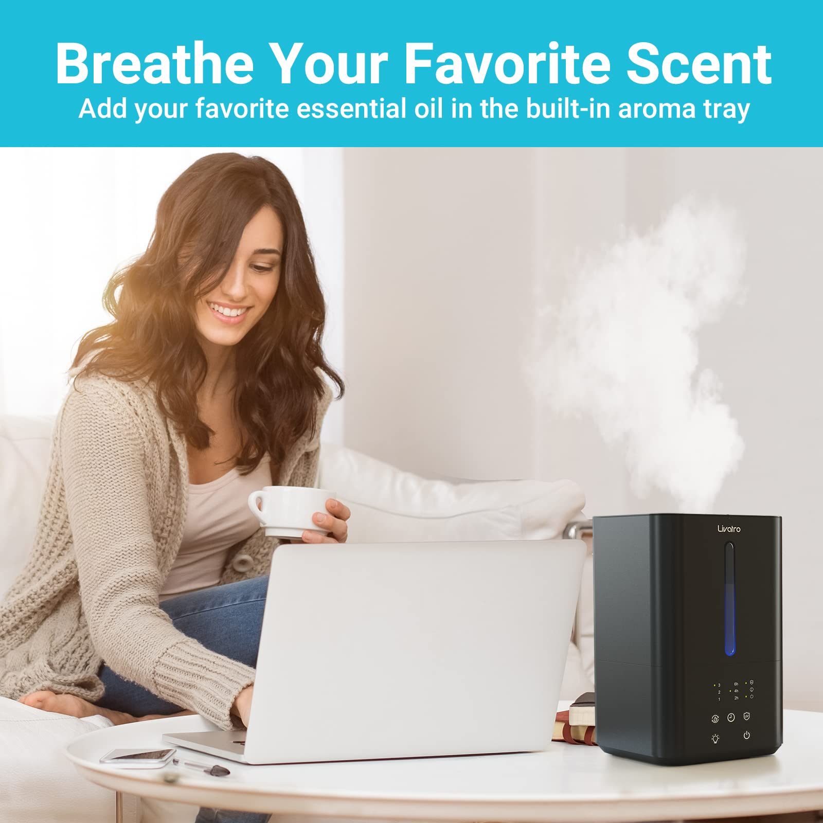 Livatro 4.5L Top Fill Humidifiers for Bedroom Large Room Home, Cool Mist Air Diffuser with Essential Oil Tray, Ultrasonic Quiet and Night Light, Timer, Auto-Shut Off, Black