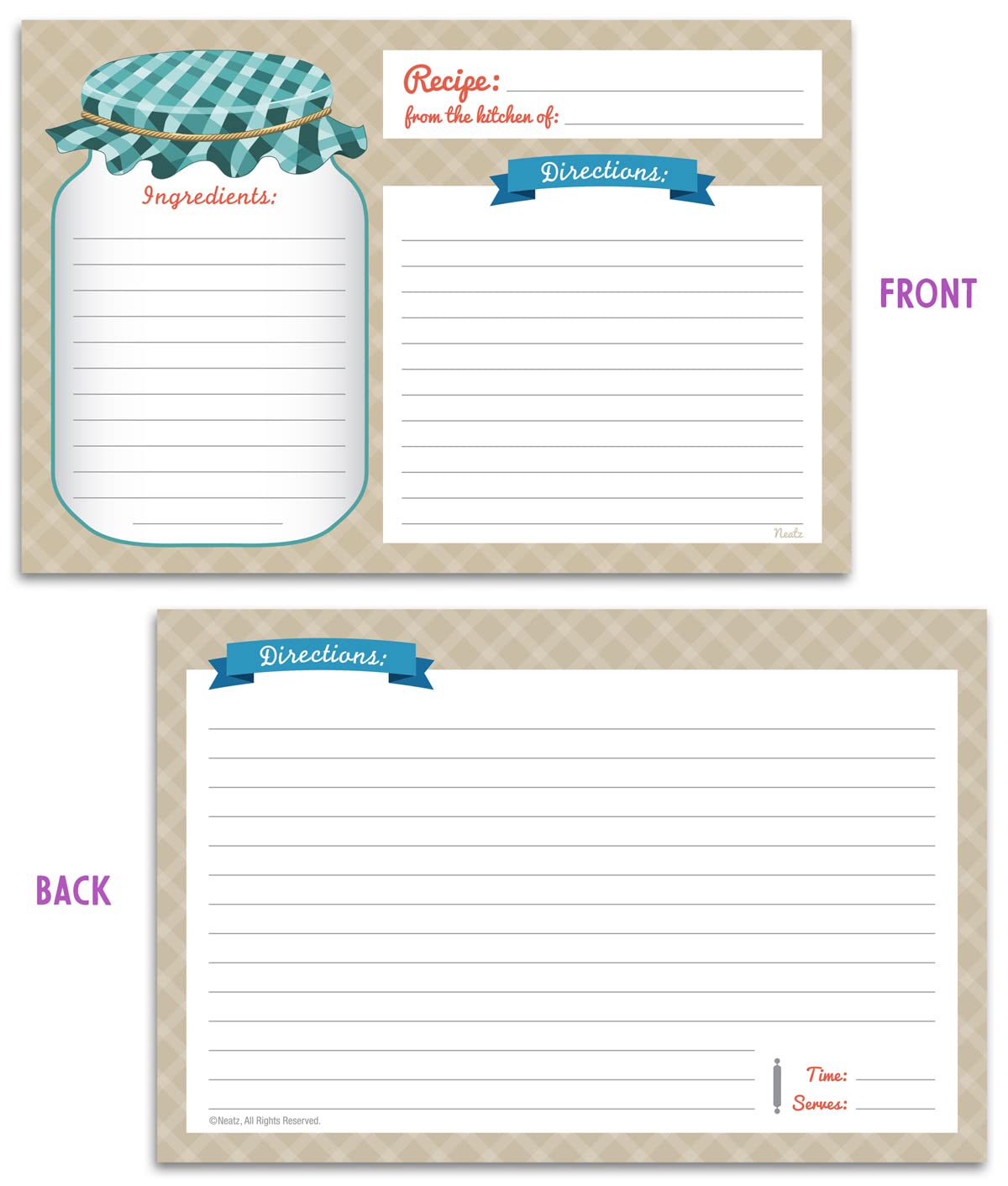 Neatz Mason Jar Recipe Cards - 50 Double Sided Cards, 4x6 inches. Thick Card Stock