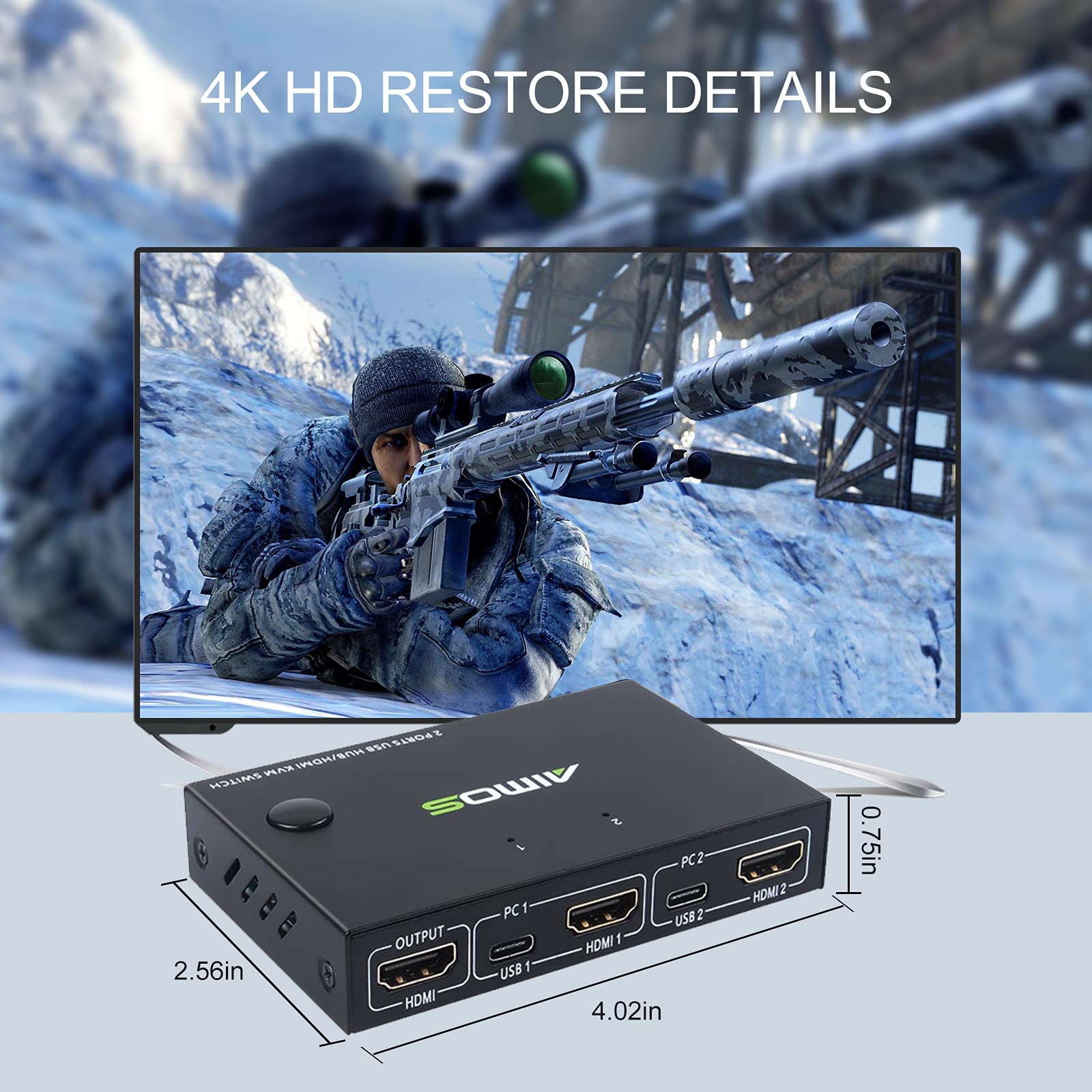 KVM Switch HDMI 2 Port 4K@30Hz,AIMAISHI HDMI and USB Switch with 4 USB 2.0 Ports for 2 Computer Share Keyboard Mouse and 1 Monitor, with 2 HDMI Cable and 2 USB Cable