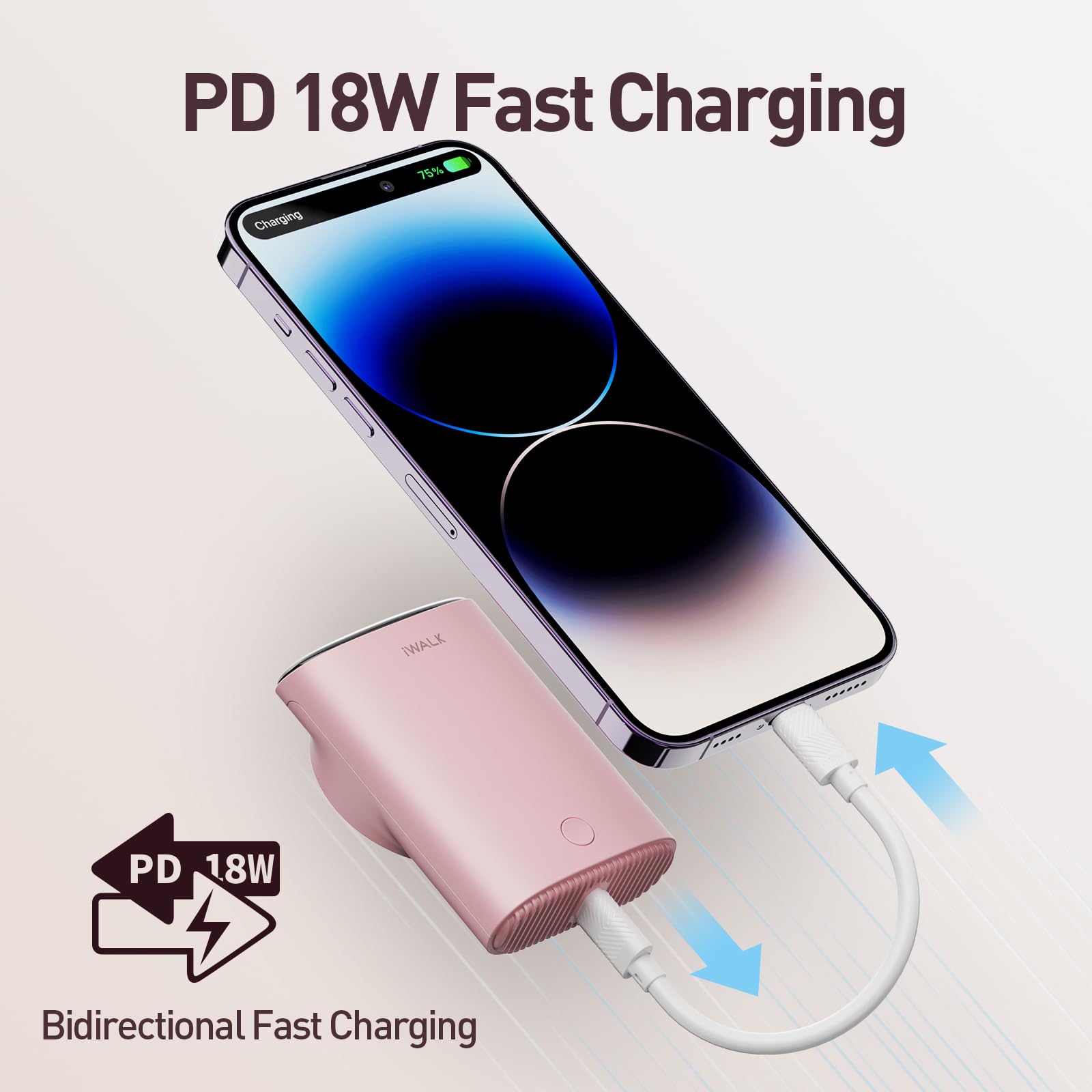 iWALK Magnetic Portable Charger, Small 9000mAh Wireless Power Bank with 18W USB-C Fast Charging Battery Pack Compatible with iPhone 15/14/14 Pro Max/ 13/13 Pro/13 Pro Max /12/12 Pro Max,Pink
