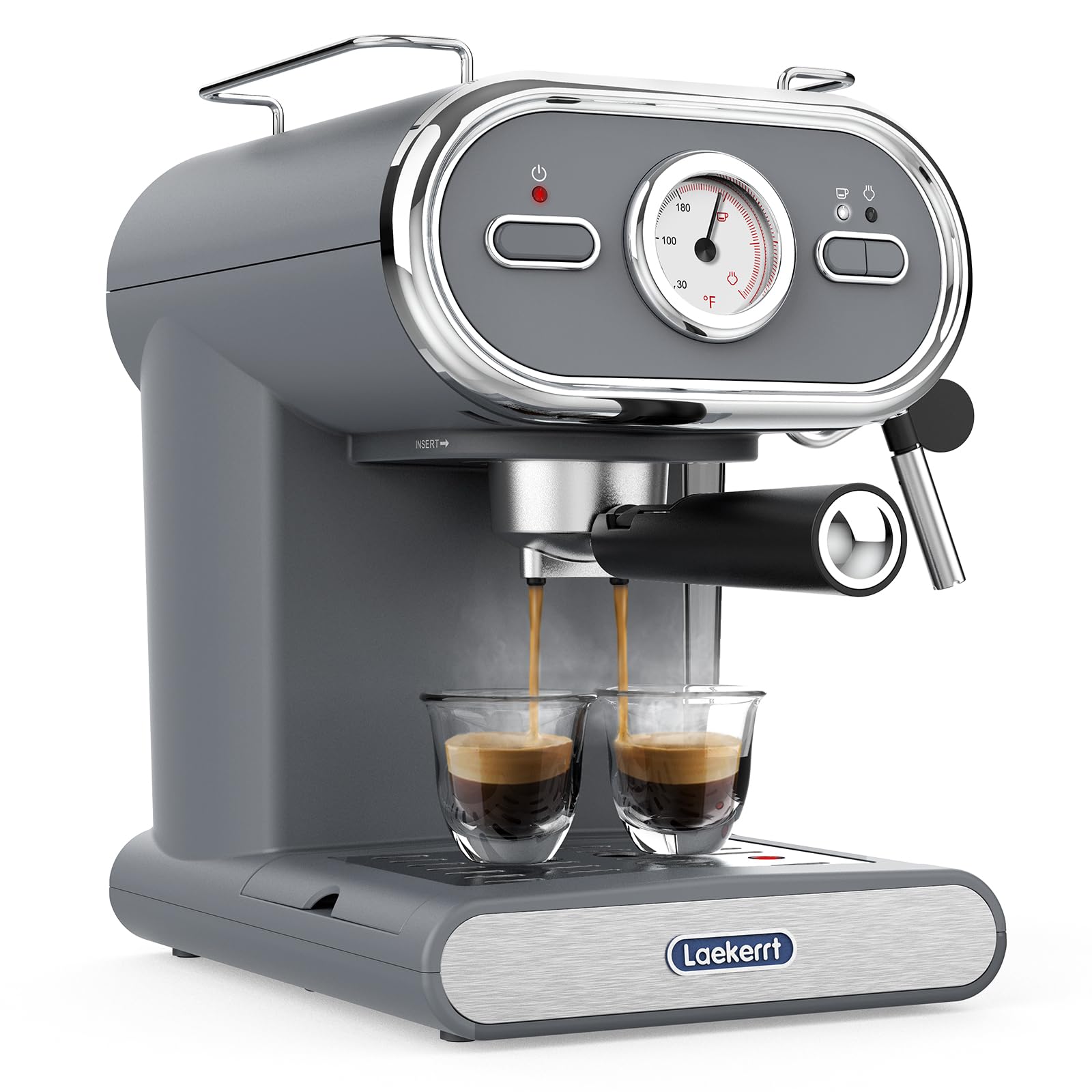 Laekerrt Espresso Machine with Visible Thermometer, 20 Bar Pump Pressure Home Coffee Machine with Milk Frother Steam Wand, 1100W Cappuccino Latte Coffee Maker, with 2 Stainless Steel Filter Cups