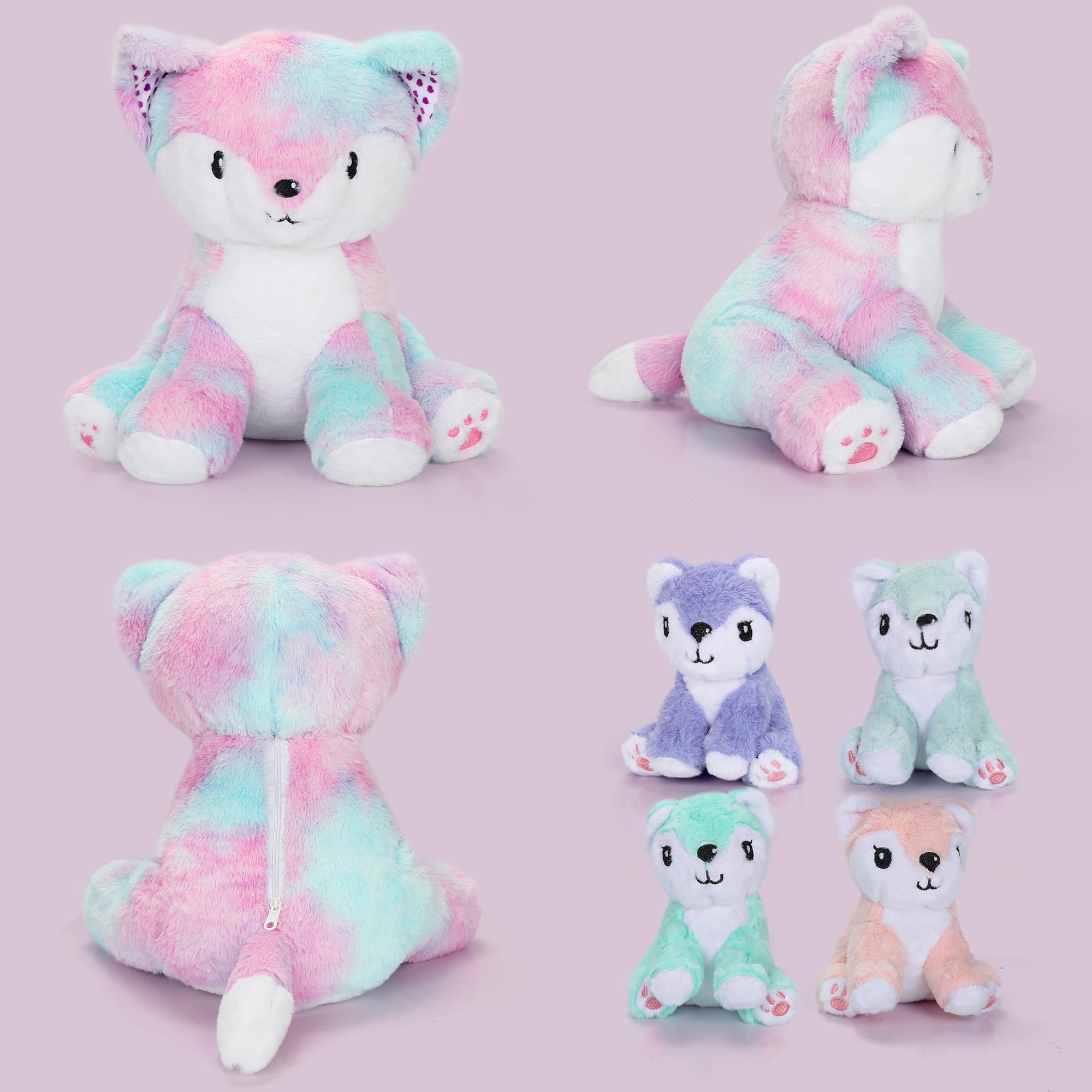 Pegmapri Rainbow Fox Stuffed Animals, Mommy Fox Plush with 4pcs Cute Baby Fox Plushie Set for Boys Girls