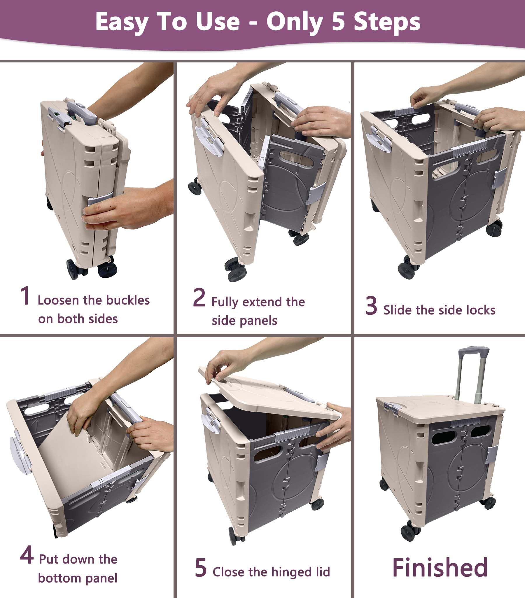 Kutatek Foldable Utility Cart, Collapsible Rolling Crate, 4 Universal Wheels with Two Brakes, Never-Lost Hinged Lid, Telescopic Handle for Home, Grocery, Office, School, Camping use (Beige, 2.3 Cu Ft)