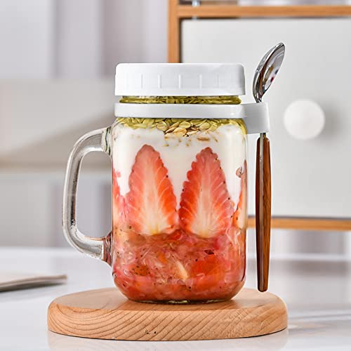 Neegaurd 2 Pack Overnight Oats Containers with Lid and Spoon, 16 Oz Large Glass Overnight Oats Jars with Portable Handle, Reusable Airtight Glass Oatmeal Cups for Cereal Yogurt and Parfait
