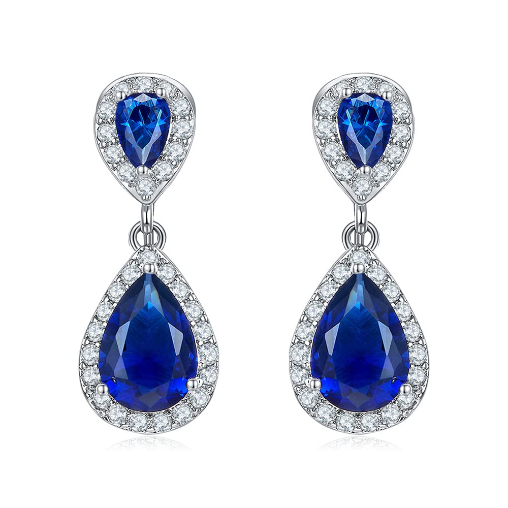 LAVINA Fancy Teardrop CZ Pierced Dangle Earring Classically And Elegant Hypoallergenic Earrings For Women Brides Wedding (Blue)