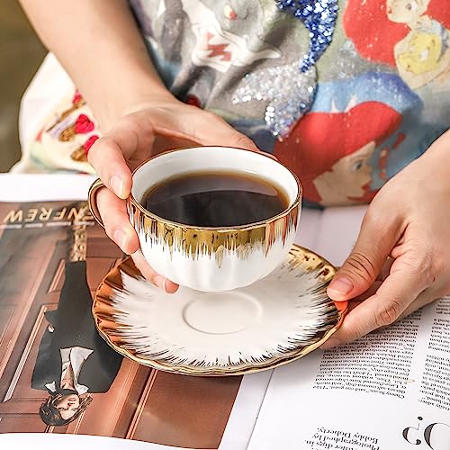 LETAOTAO Cappuccino Cups with Saucers, Ceramic Coffee Cup with Gold Trim, 6 oz for Double Espresso, Latte, Cafe Mocha, Tea,Set of 6,White