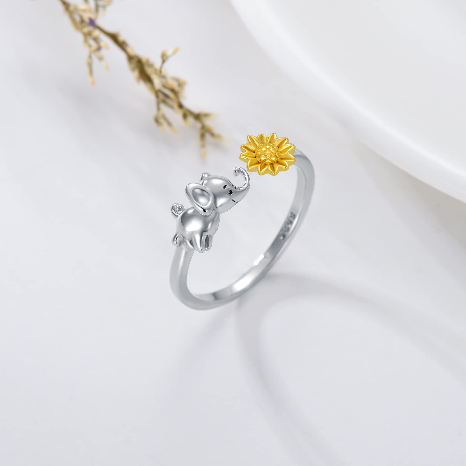 MEIDERBO Elephant Ring 925 Sterling Silver Elephant Sunflower Ring Elephant Jewelry Gifts for Women