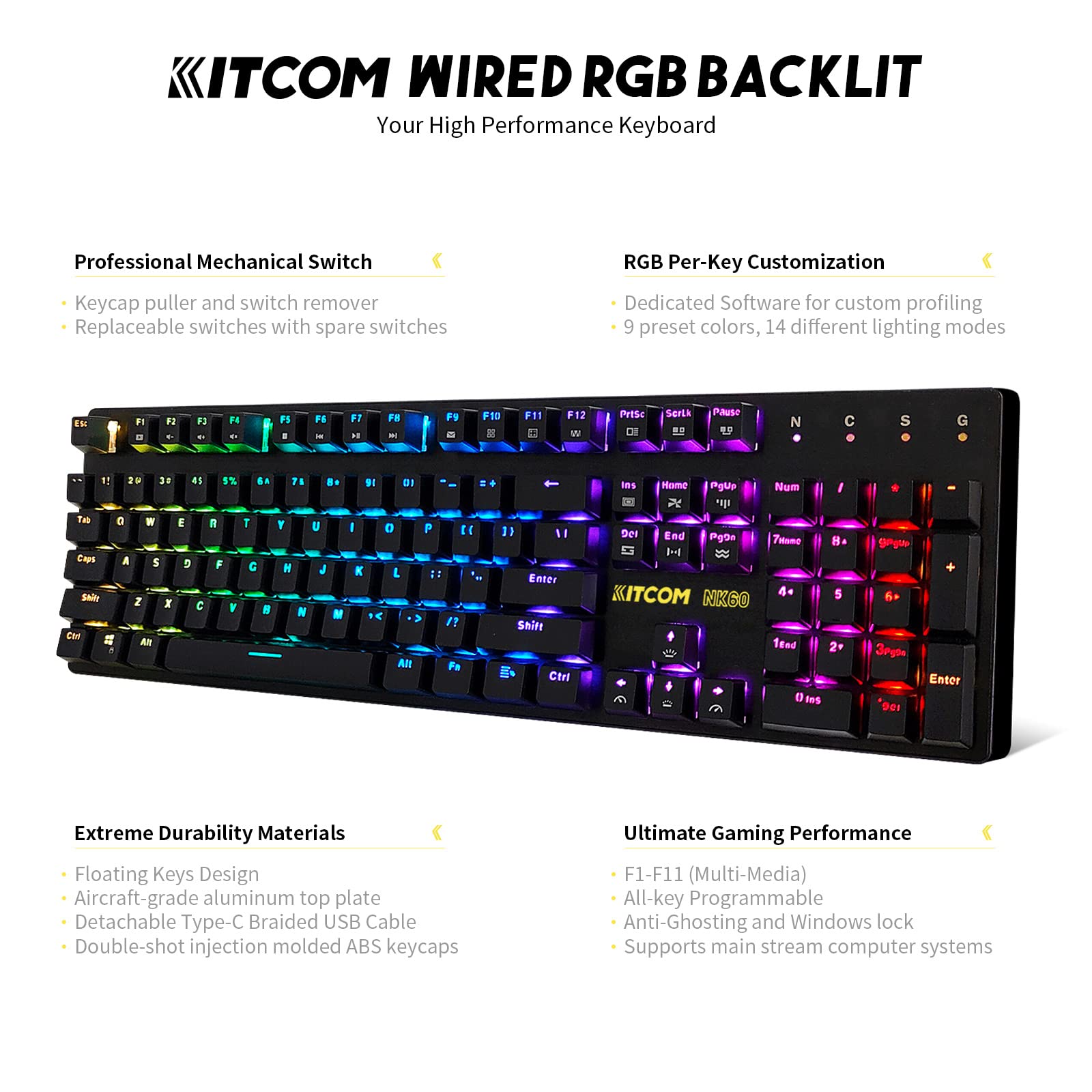 PC Gaming Keyboards RGB Backlit Mechanical Keyboard ABS keycap Programmable Macro Detachable USB-C Wired Keyboard for Windows PC (104 Keys Brown Switch)