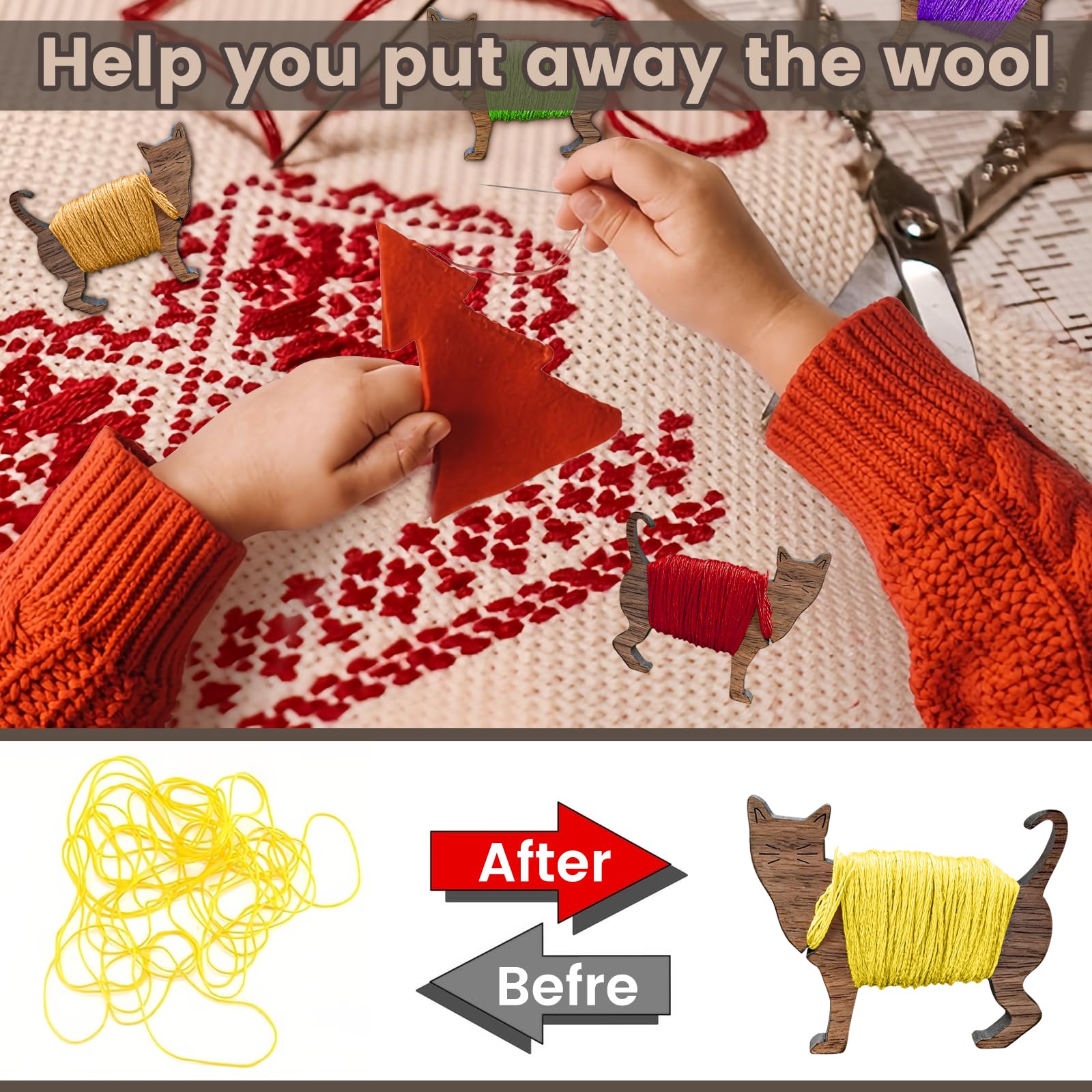 Wooden Animal Bobbin Set,Wooden Sewing Storage Set,15 Wooden Cat Shape Spools Set,Bobbin Organizer,Embroidery Floss Bobbins Organizer Box,Sewing Tool,Sewing Storage