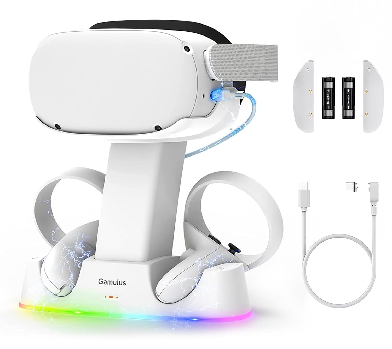 RGB Charging Dock & Stand Accessories for Meta-Quest 2, Magnetic Fast Charger Docking Station for VR Headset & Controllers , 2*2200mAh Rechargeable Batteries, 7*Modes Adjust Gaming Lighting Atmosphere