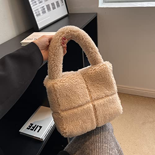 Plush Check Tote Bag for Women Puffer Handbags Puffy Purse Soft Padded Checkered Quilted Shoulder Bags Handbag