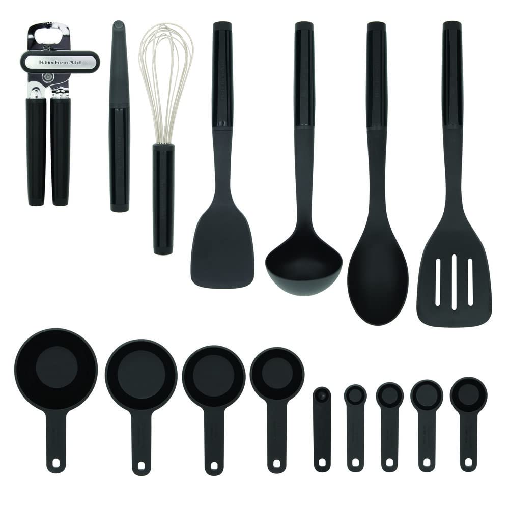 KitchenAid Gourmet 14-Piece Forged Triple Rivet Block Set with Built-in Knife Sharpener, Natural & Universal Tool and Gadget Set, 16 Piece, Black
