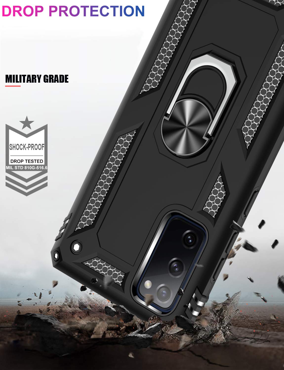 LUMARKE for Galaxy S20 FE Case with Screen Protector,Pass 16ft. Drop Tested Military Grade Cover with Magnetic Ring Kickstand,Protective Phone Case for Samsung Galaxy S20 FE Black