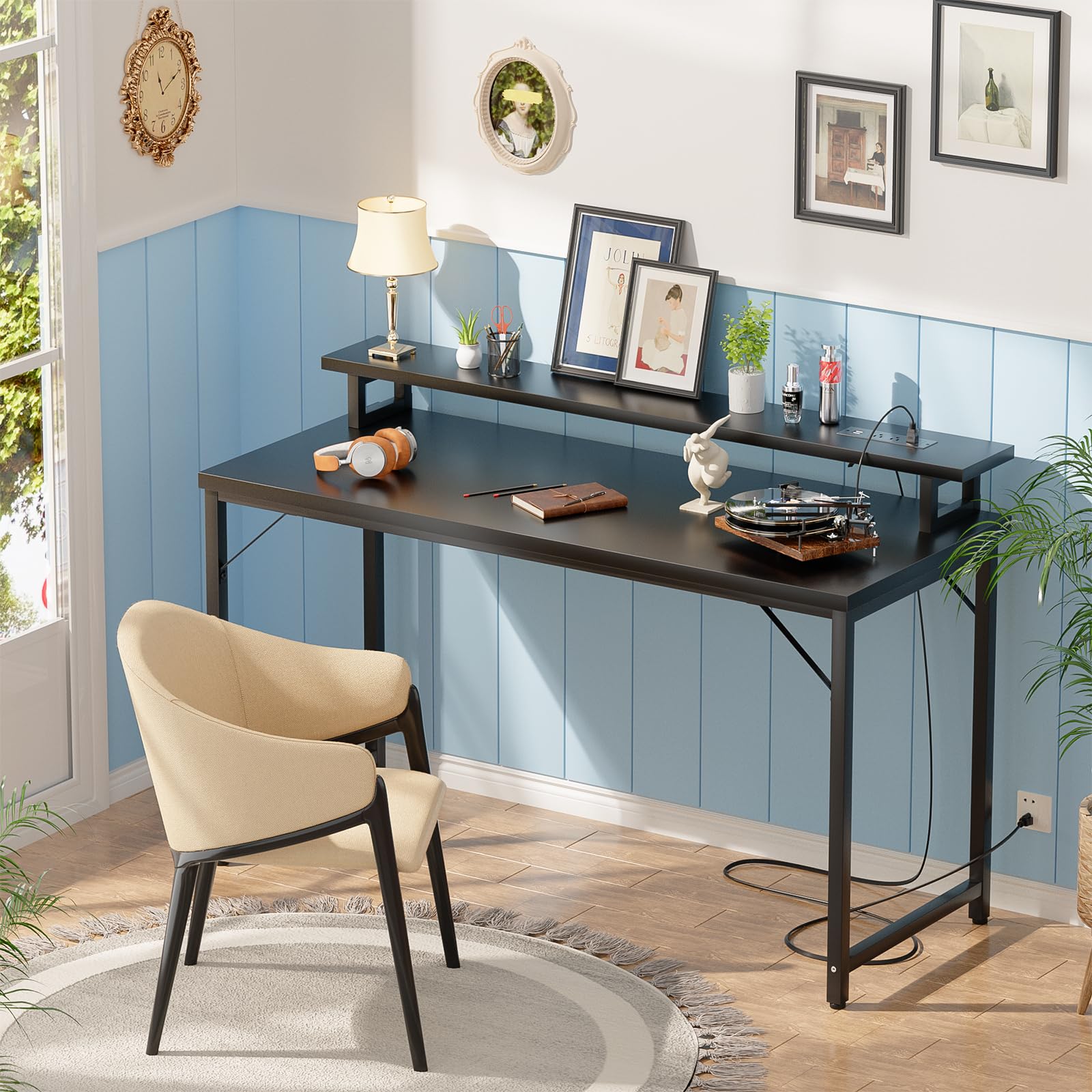 iSunirm 55 inch Computer Desk with Power Outlets, Office Desk Gaming desk with LED Lights, Home Office Desk with Monitor Shelf, Modern Work Desk Study Writing Table for Bedroom, Matte Black