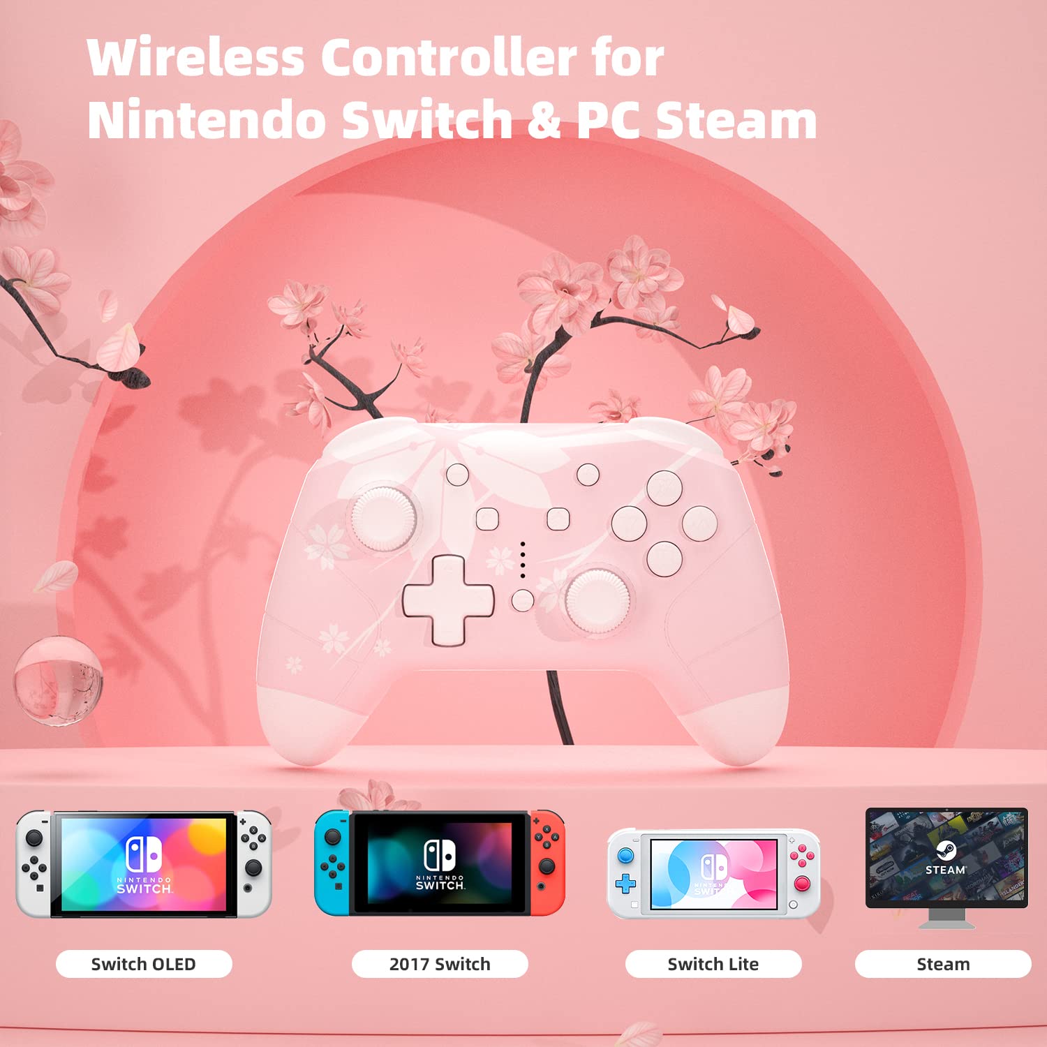 Mytrix Wireless Pro Controller for Nintendo Switch/Lite, with Wake-Up, Headphone Jack, Auto-Fire Turbo, Motion Control, Adjustable Vibration, Sakura (Renewed)