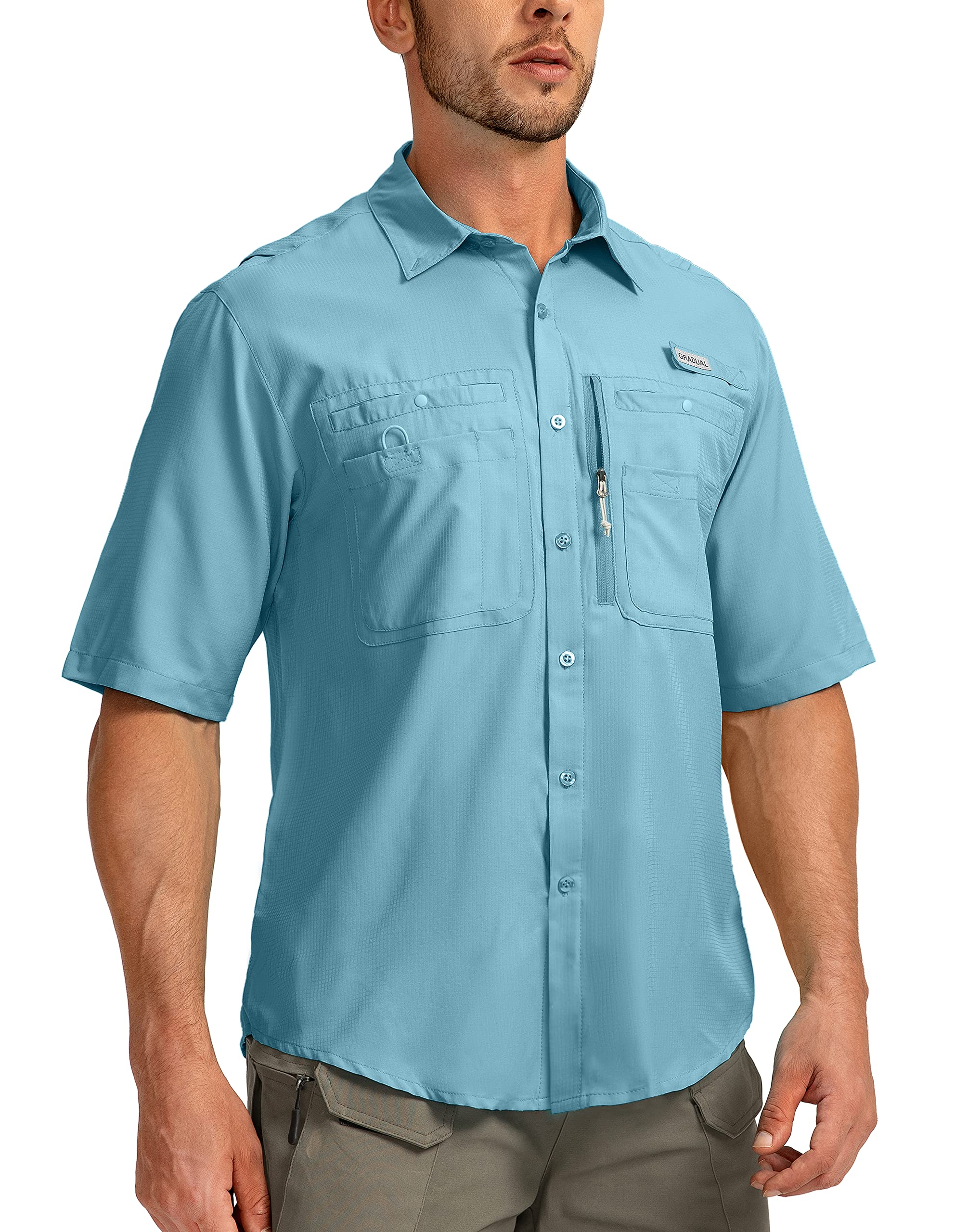 Men's Fishing Shirts with Zipper Pockets UPF 50+ Lightweight Cool Short Sleeve Button Down Shirts for Men Casual Hiking(Capri, 3X-Large-New)