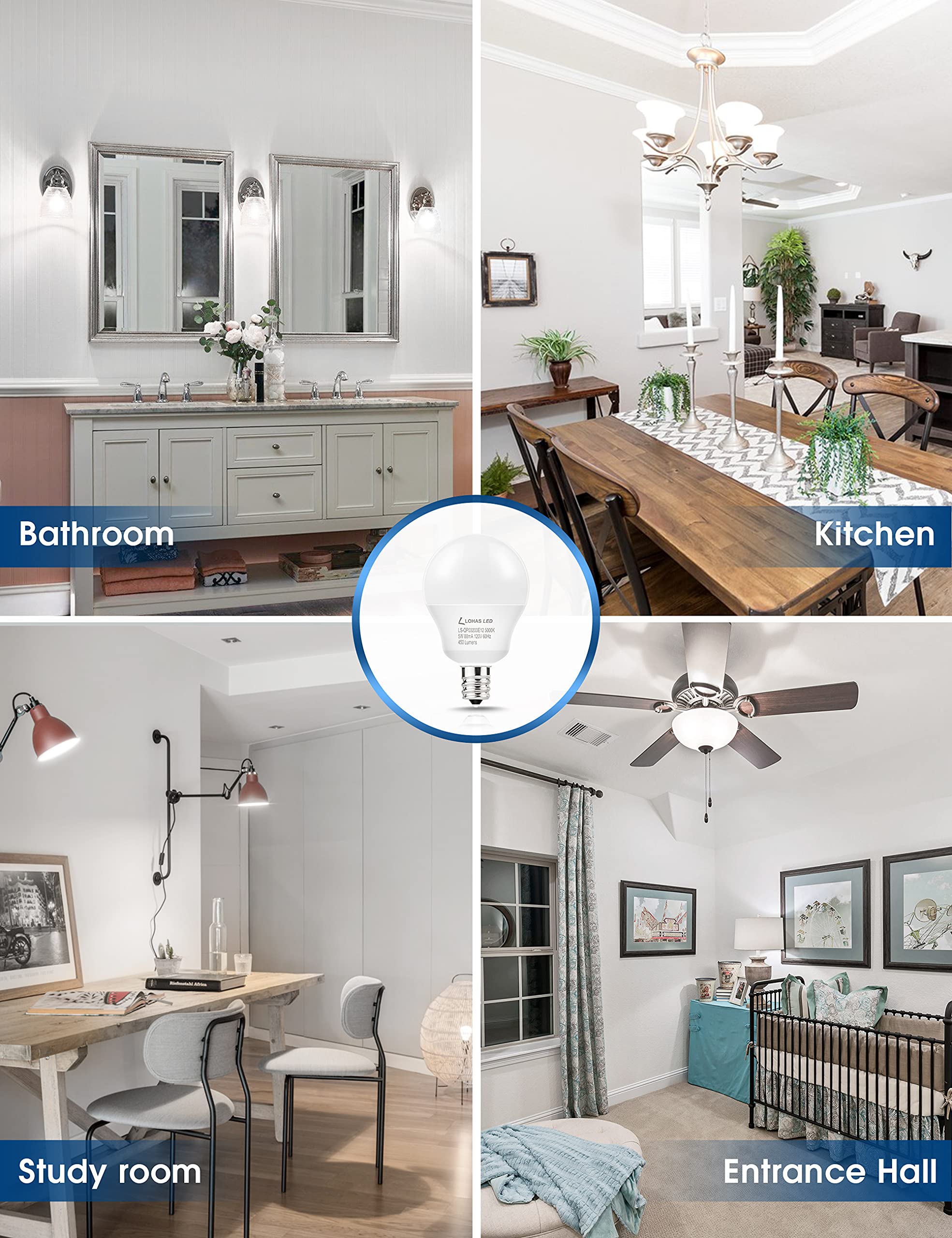 LOHAS E12 Candelabra Bulb, 45 Watt Equivalent G14 LED Globe Bulb, Daylight 5000K 450LM, 5W Vanity Light Bulb, Small Fan Light Bulb, Not Dimmable, Ideal for Ceiling Fan Table Lamp Dinning Room, 12 Pack