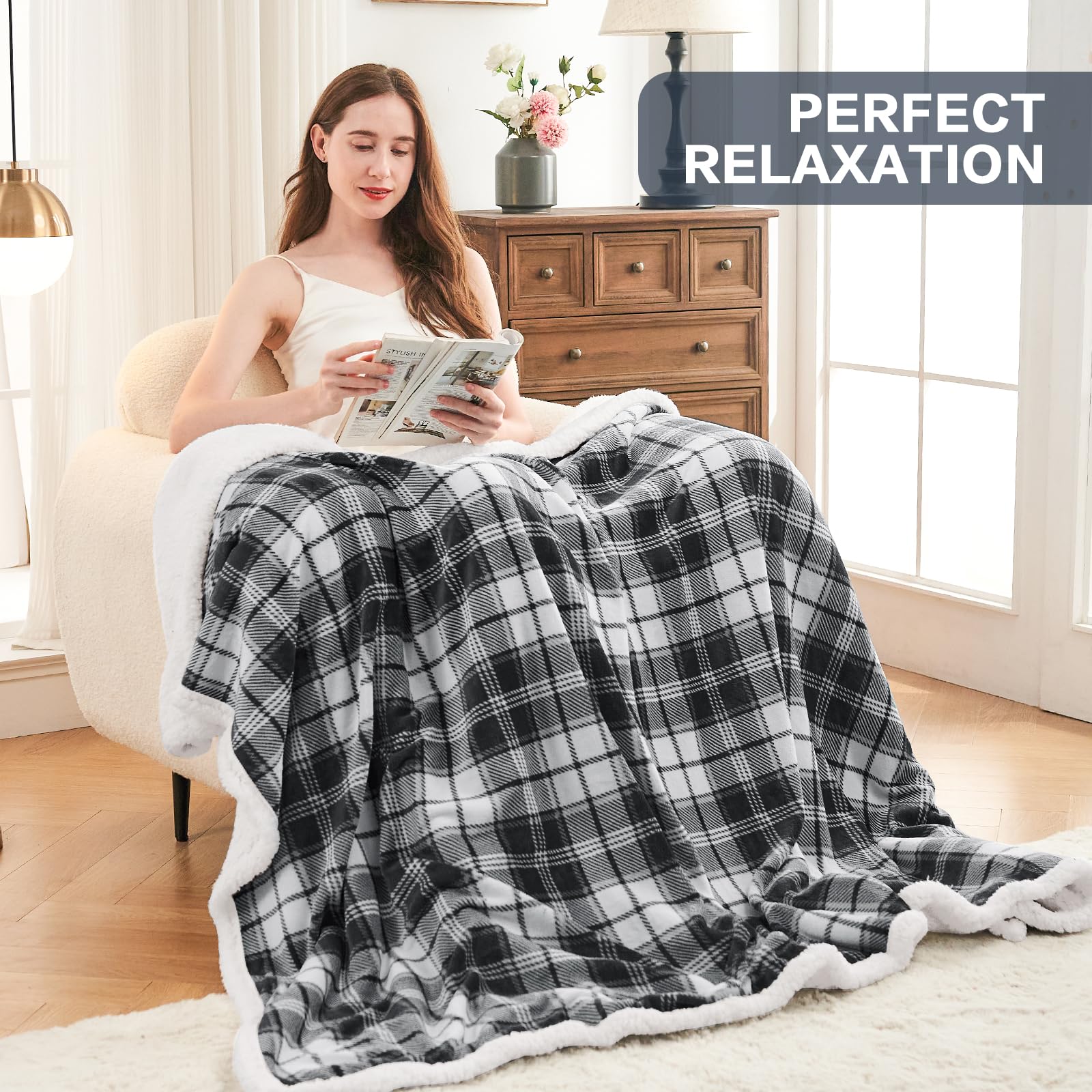 inhand Sherpa Throw Blanket, Plaid Warm Cozy Soft Throw Blankets for Couch, Bed, Sofa,Reversible Fluffy Plush Flannel Fleece Blankets and Throws for Adults Women Men(Grey, 50”x 60”)