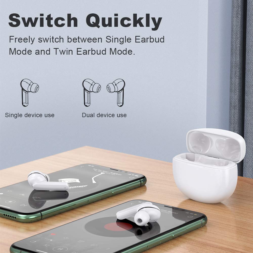 KINGSTAR Wireless Earbuds, Bluetooth 5.0 Touch Earphones Control TWS Headphone Stereo Type-C Quick Charge in Ear Headset with Single Twin Mode Headphones for Mobile Phones Tablet Laptop (White)