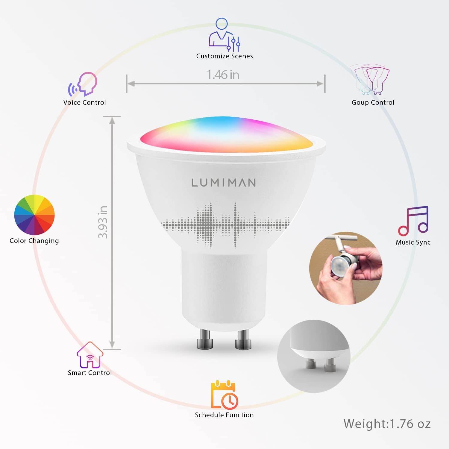 LUMIMAN Smart GU10 Wi-Fi Bulbs, 4 Packs, Works with Alexa and Google Assistant, APP/Voice Control, 5W 400LM, RGBCW Color Changing, for Track Lighting/Range Hood Lights (Only Support 2.4Ghz Wi-Fi)
