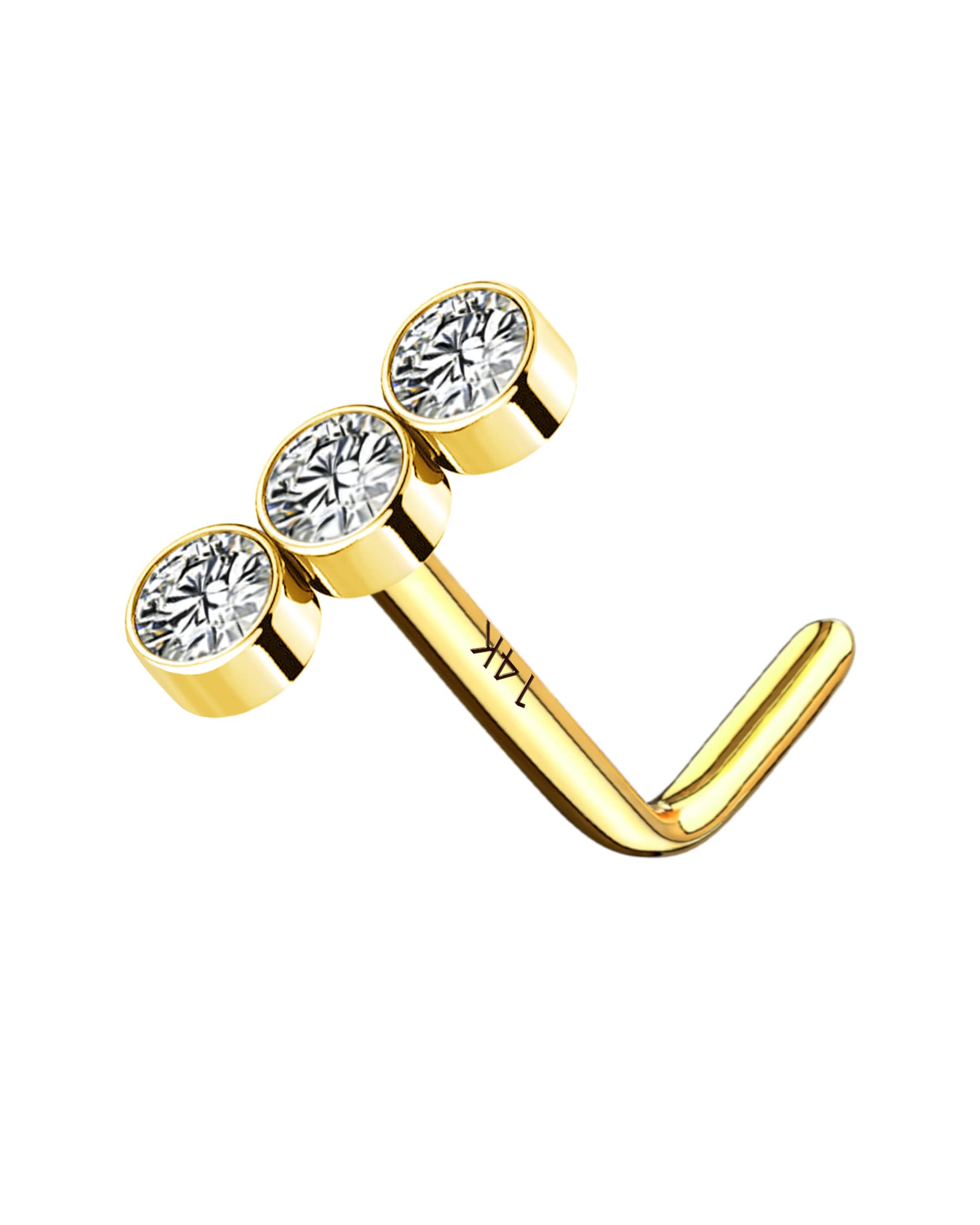 MeIighting 14K Gold Nose Stud L Shaped Nose Ring 20G with Round Cubic Zirconia Nose Piercing Jewelry for Women Men Real Gold