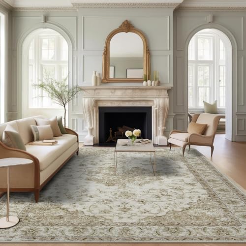 jinchan Washable Area Rug 8x10 Low Pile Living Room Vintage Rug Stain Resistant Floral Medallion Distressed Carpet Ultra-Thin Non Slip Indoor Carpet for Kitchen Bedroom Dining Room Farmhouse Taupe