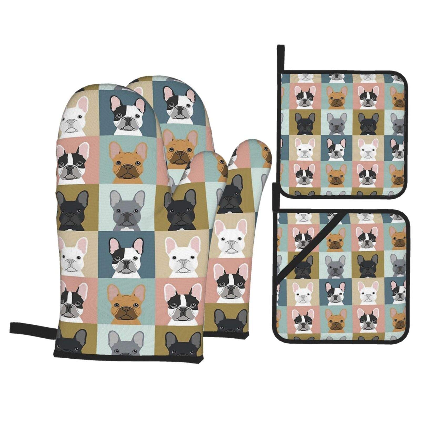 Msacrh French Bulldogs Oven Mitts and Pot Holders Sets of 4, Cotton Lining with Non-Slip Hot Pads,Heat Resistant Oven Gloves for Kitchen Cooking Baking Grilling