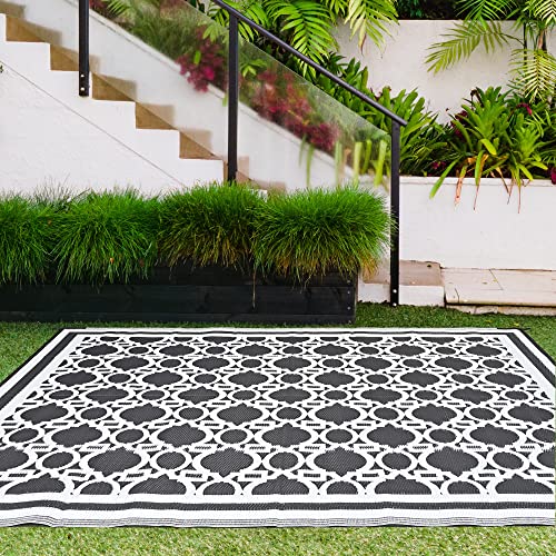 RURALITY Outdoor Rugs 8x10 for Patios Clearance,Plastic Waterproof Mats for Camping,Porch,RV, Large Straw Area Rugs for Picnic,Reversible,Black and White