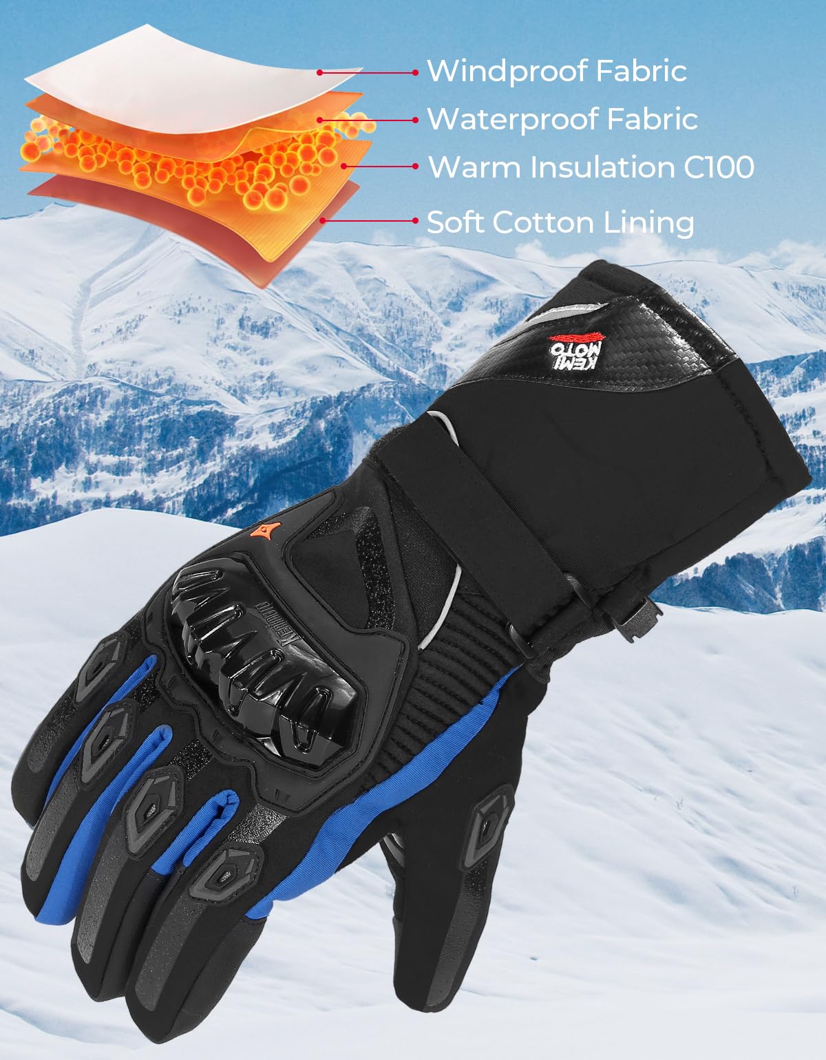 KEMIMOTO Winter Motorcycle Gloves, Rainproof Riding Gloves with Touchscreen, Motorcycle Winter Gloves for Men, Warm Motorcycle Gloves for Riding, ATV, UTV, Snowmobile - Blue, Large